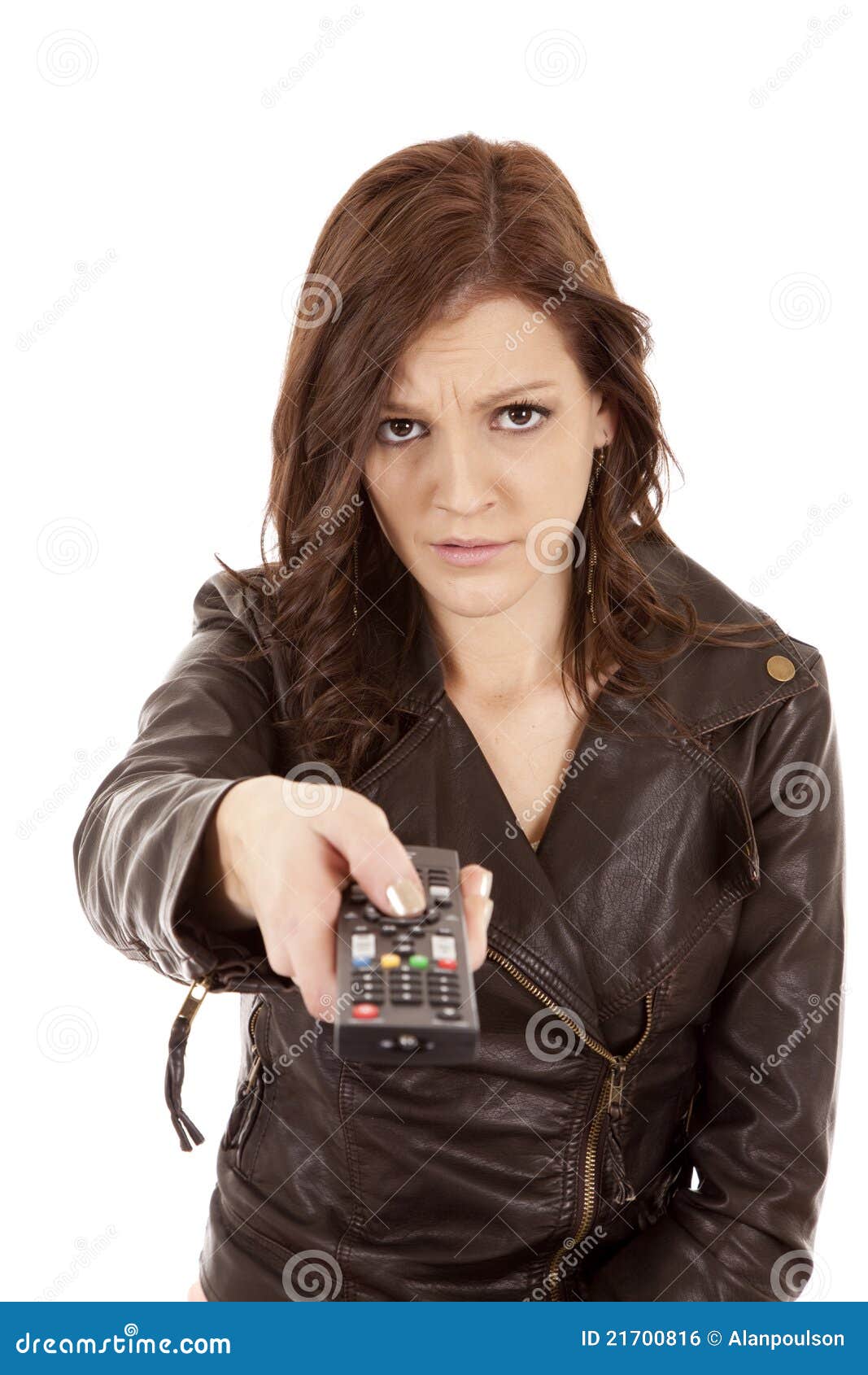 Woman pointing remote mad stock photo. Image of isolated - 21700816