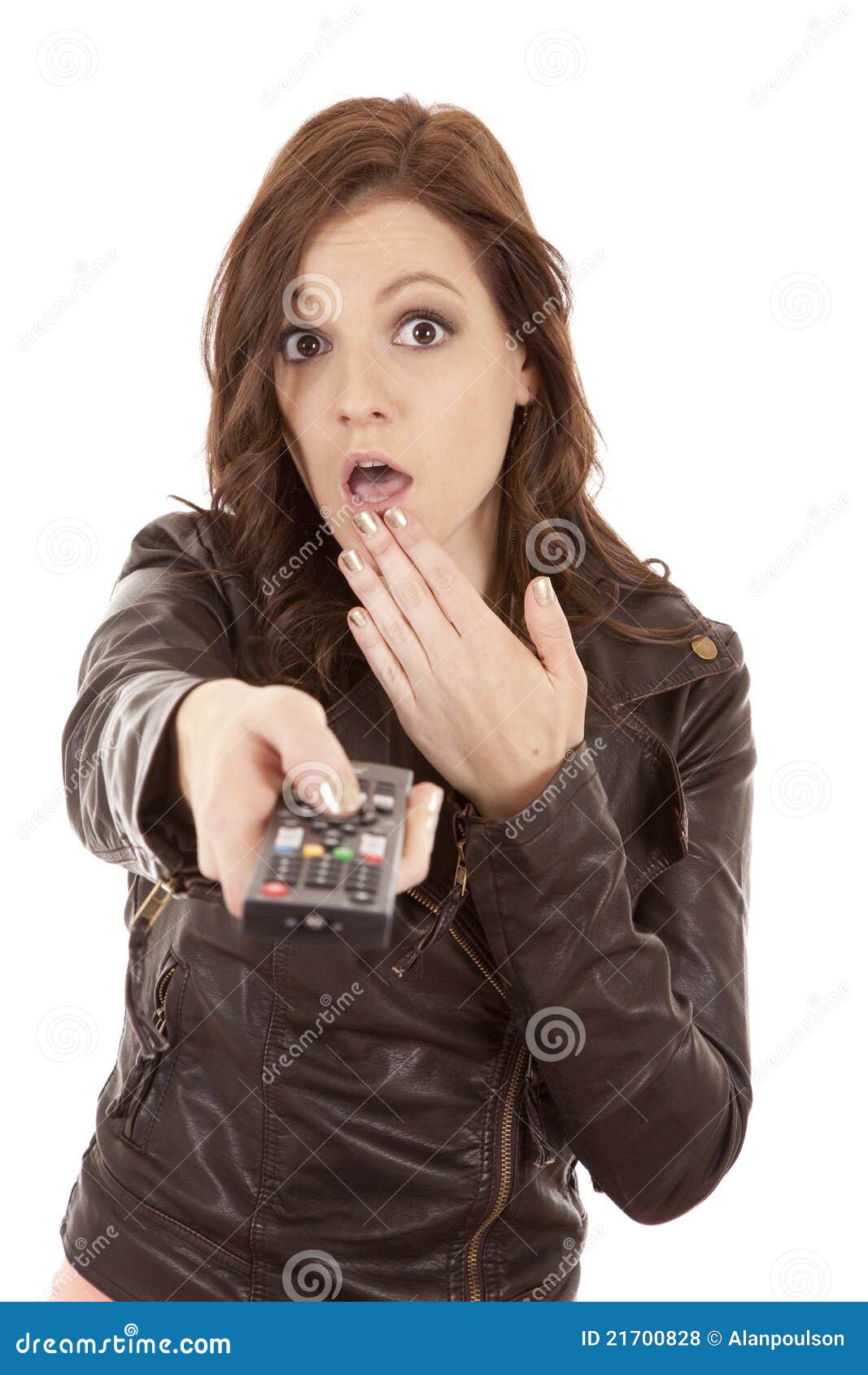 Woman Pointing Remote Shock Stock Photo - Image of brunette, glamour ...