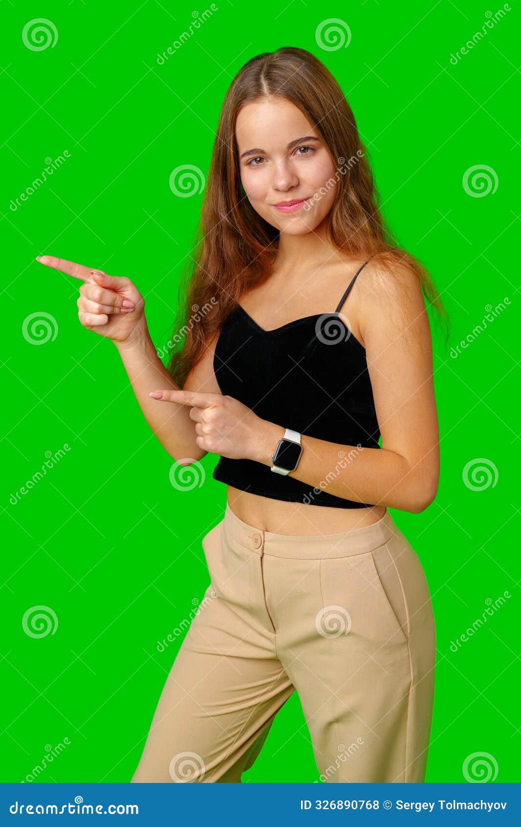 Woman Pointing at Something on Green Screen Stock Photo - Image of ...