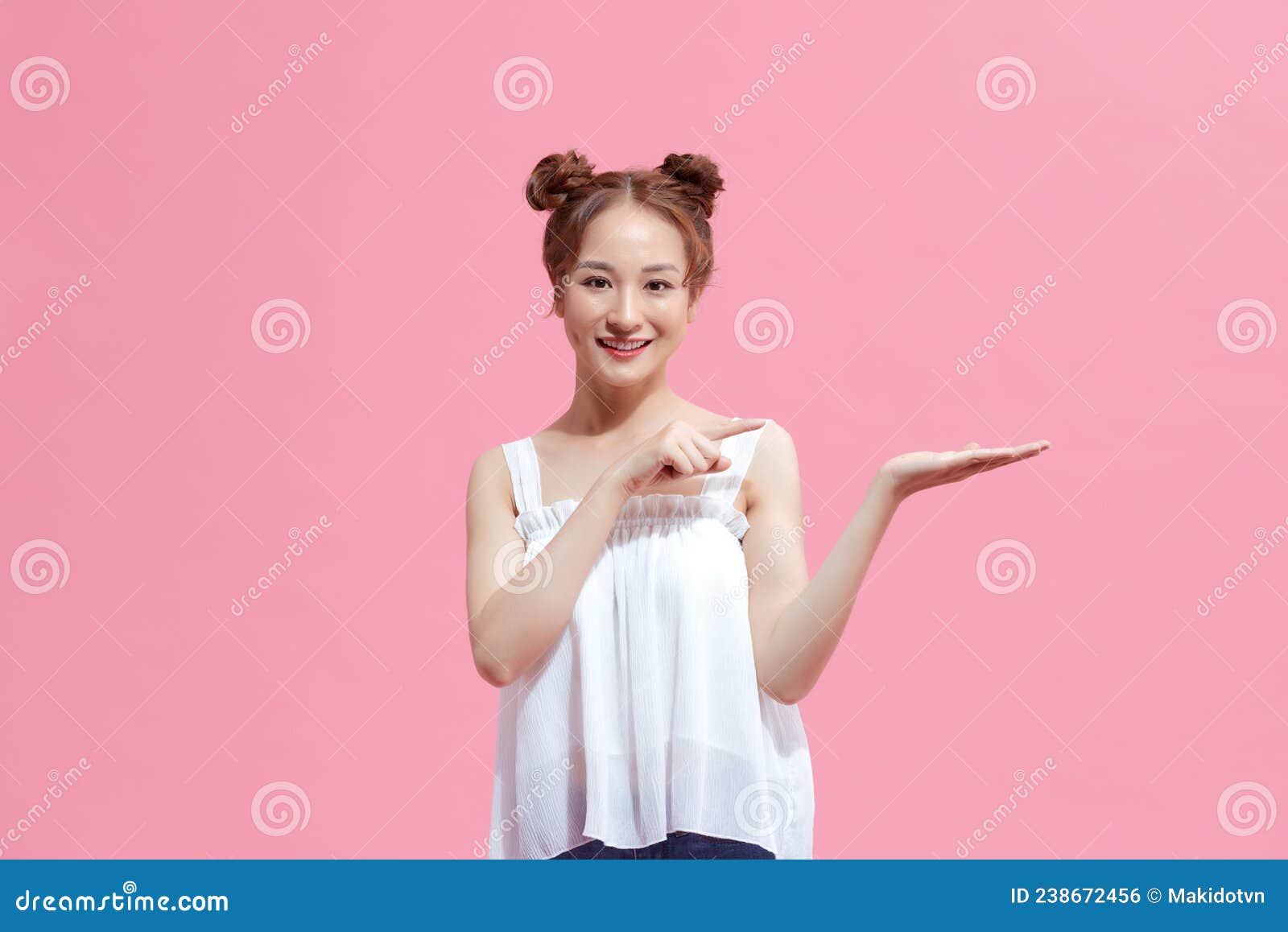 Woman Pointing at Something on Her Open Palm Stock Photo - Image of ...