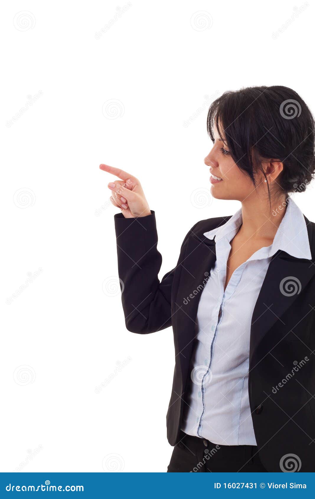 Woman pointing to her side stock image. Image of diversity - 16027431