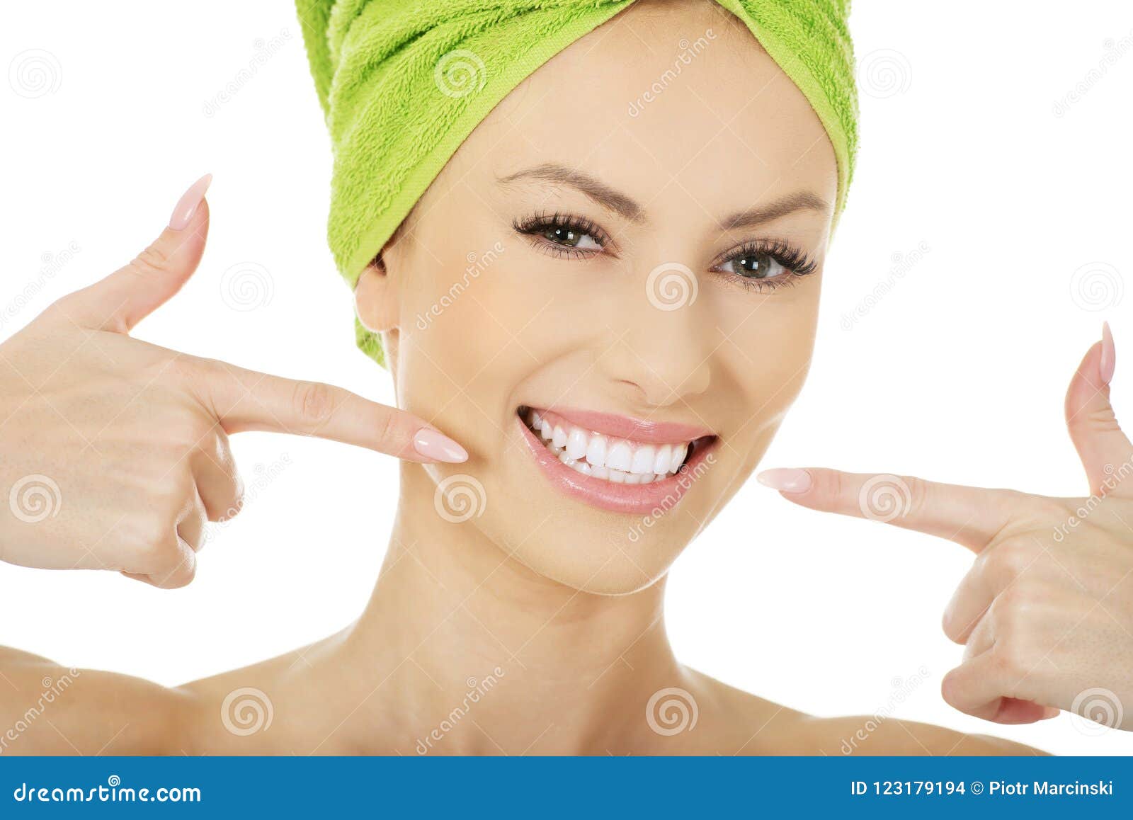 Woman Pointing To Her Teeth. Stock Photo - Image of mouth, hand: 123179194