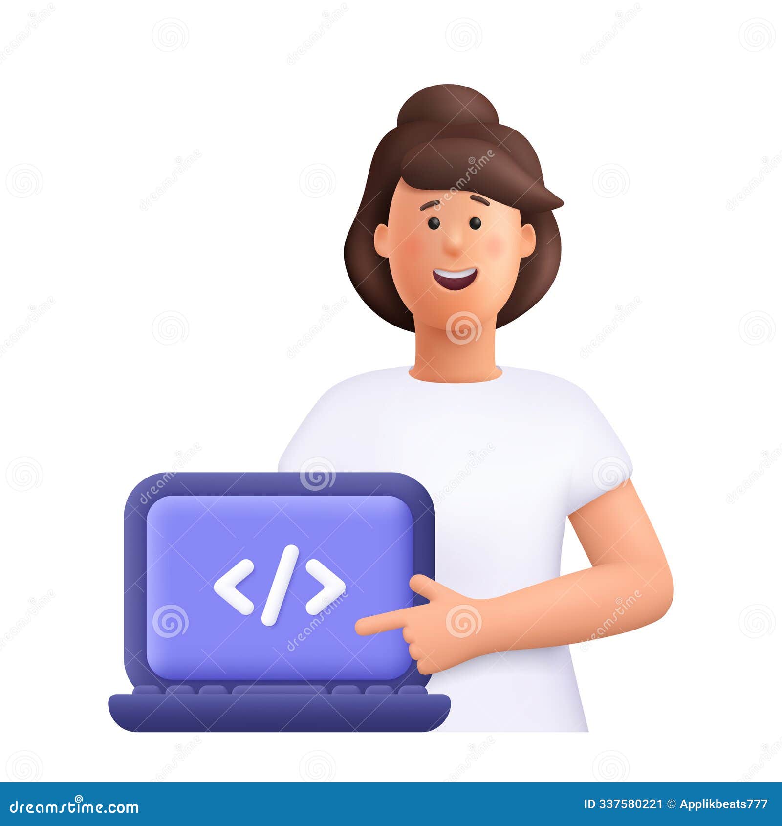 Woman Pointing To Laptop Computer with Code Symbol. Girl Programmer. Web Development ...