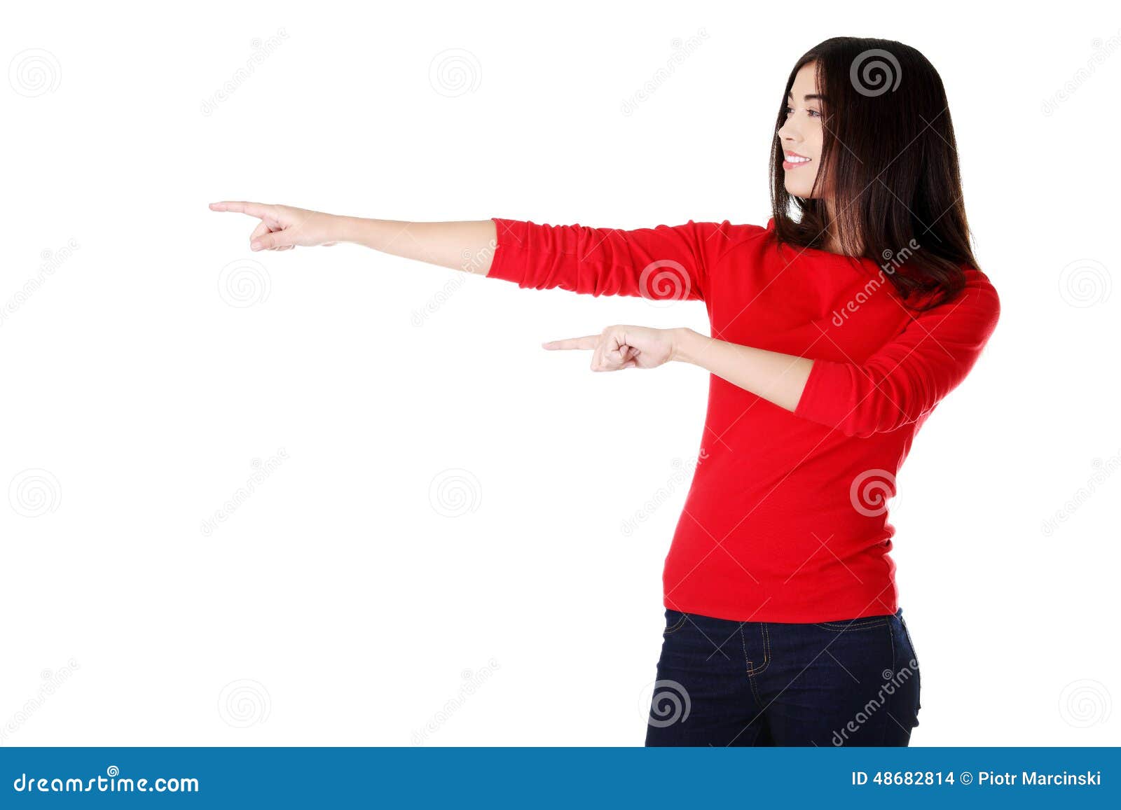 Woman pointing to the left stock photo. Image of casual - 48682814