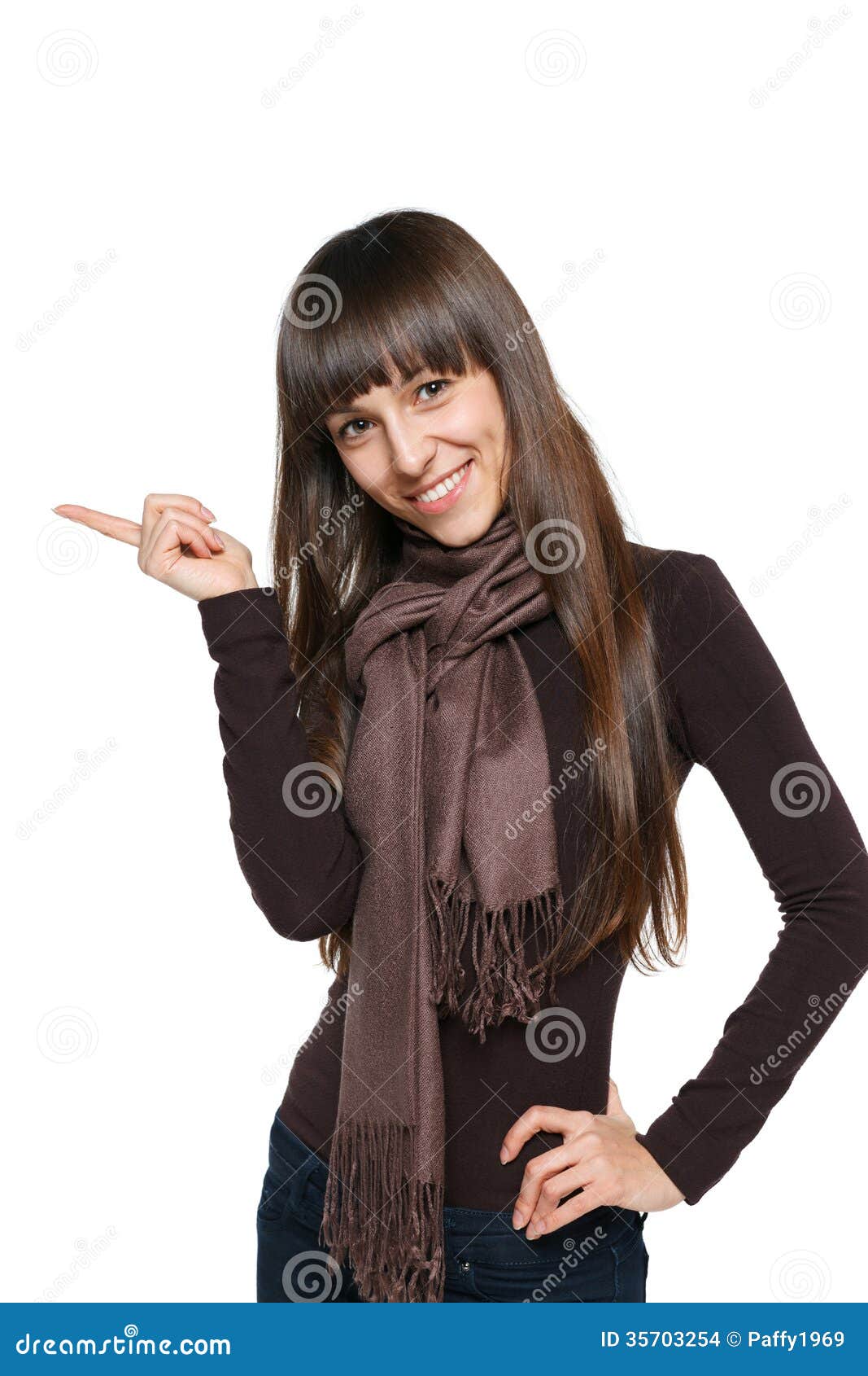 Woman pointing to the side stock photo. Image of happiness - 35703254