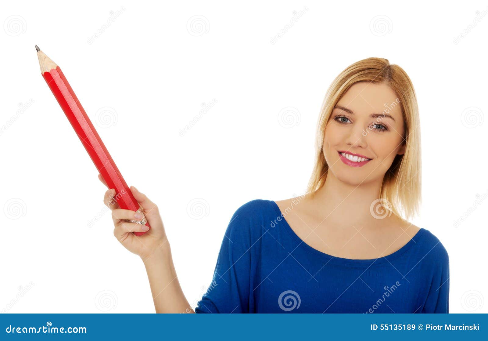 Woman Pointing Up with Pencil. Stock Image - Image of toothy, oversized ...