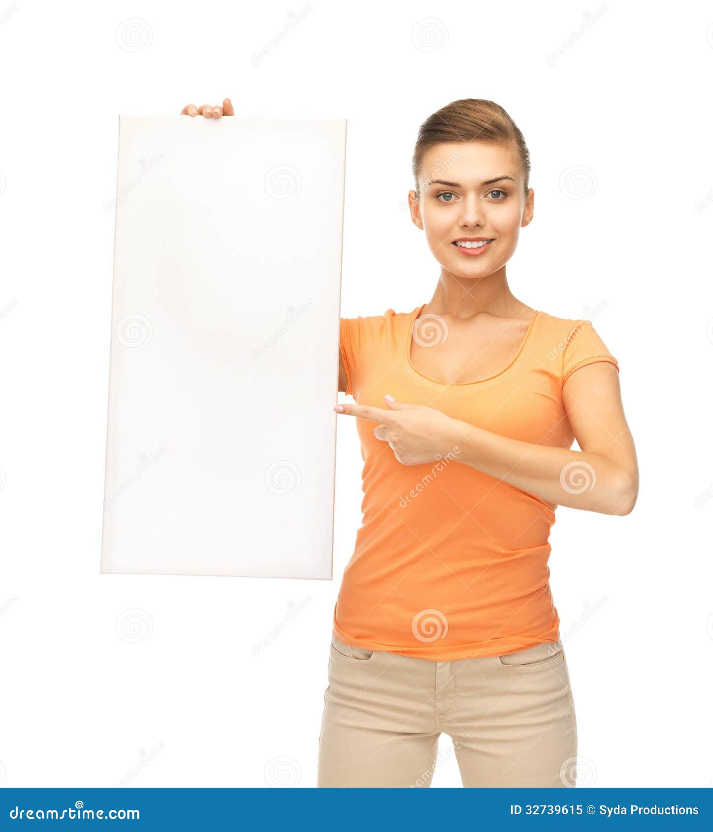 Woman Pointing at White Blank Board Stock Image - Image of empty ...