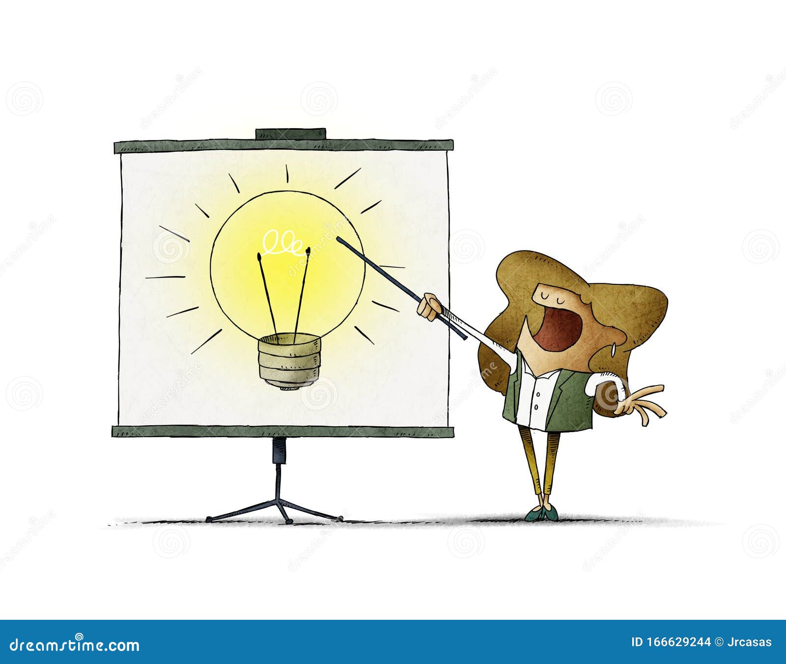 Woman Points on a Display a Large Light Bulb. Creativity Teaching ...