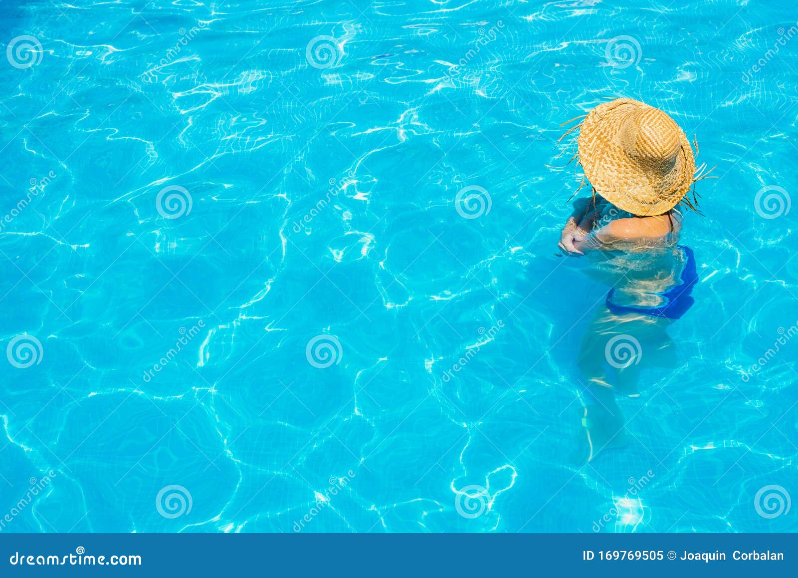 Woman in a Pool with Hat Relaxed and Rested Stock Image - Image of ...