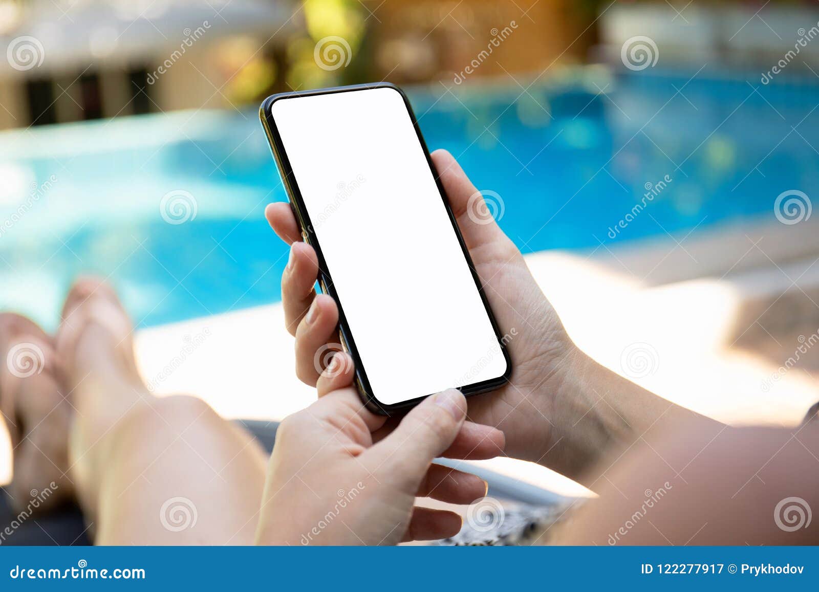Woman by the Pool Holding Phone with an Isolated Screen Stock Image ...