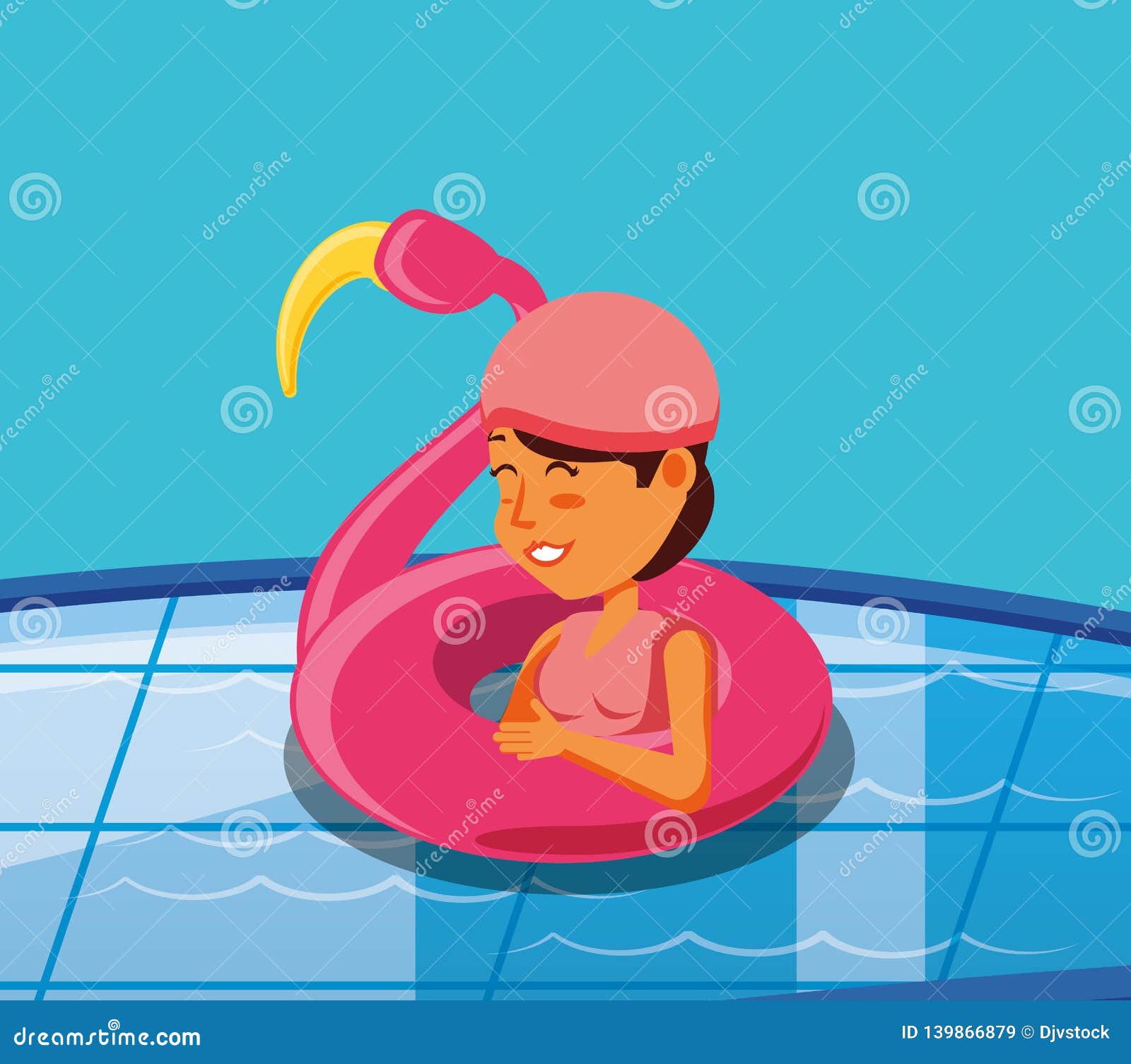 Woman in Pool Luxury with Swan Float Stock Vector - Illustration of ...