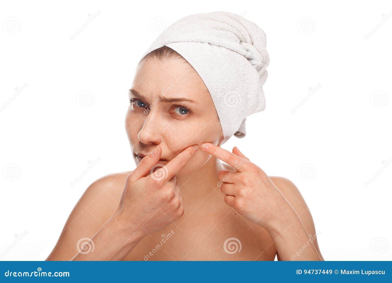 Woman popping zit stock image. Image of background, beauty - 94737449