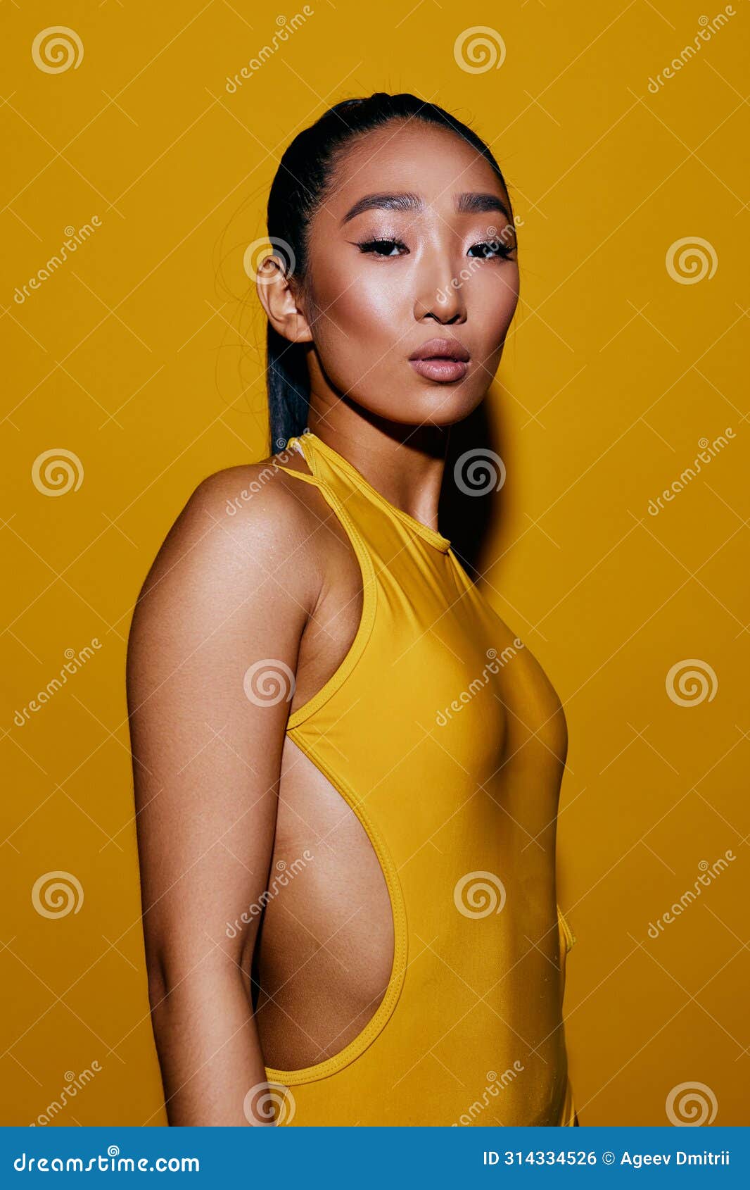 Woman Portrait Brunette Swimsuit Fashion Smile Yellow Beauty Surprised