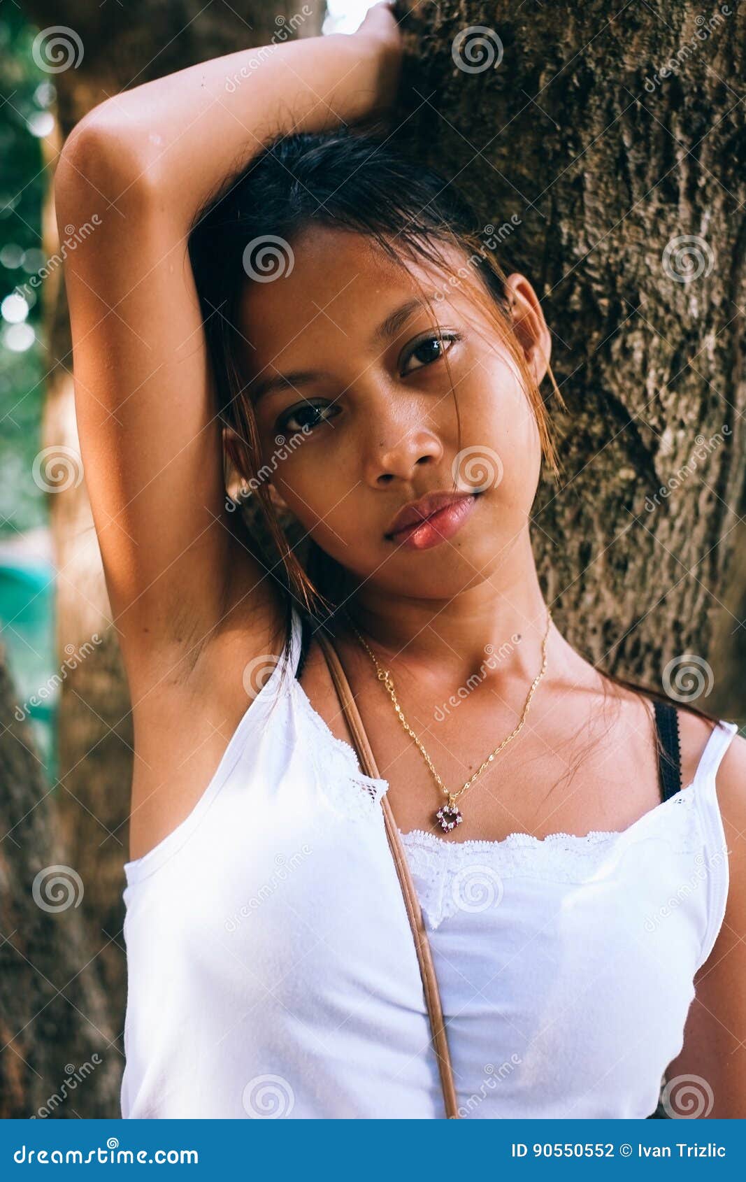 Woman Portrait Of Lovely And Beautiful Asian Young Girl Outdoor On The Tree In The Park Stock
