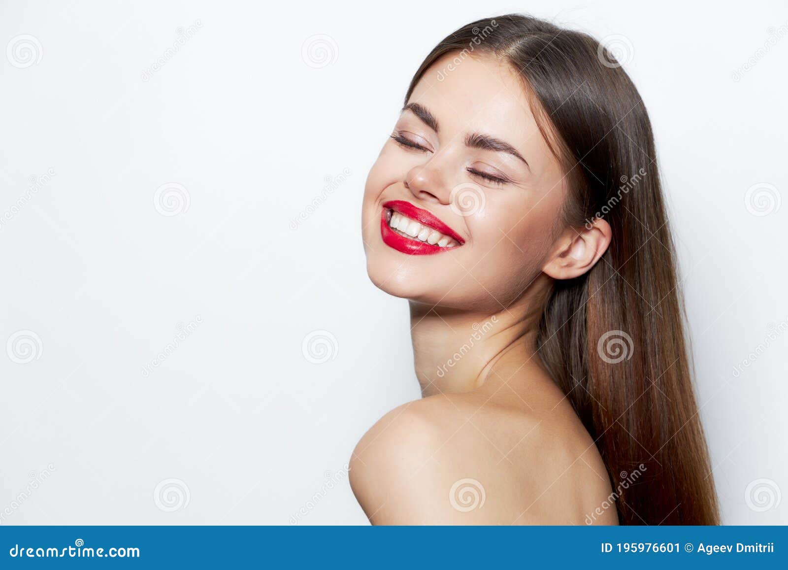 Woman Portrait Naked Shoulders Smile Closed Eyes Red Lips Clear Skin