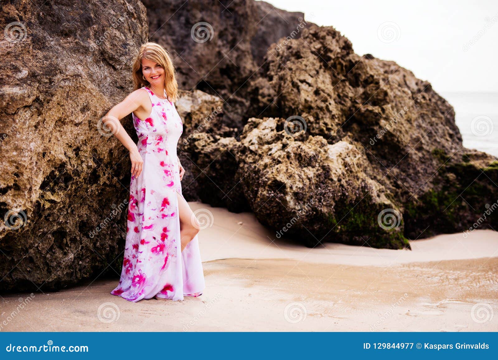 Woman Posing on the Beach Rocks Stock Image - Image of girl, happy ...
