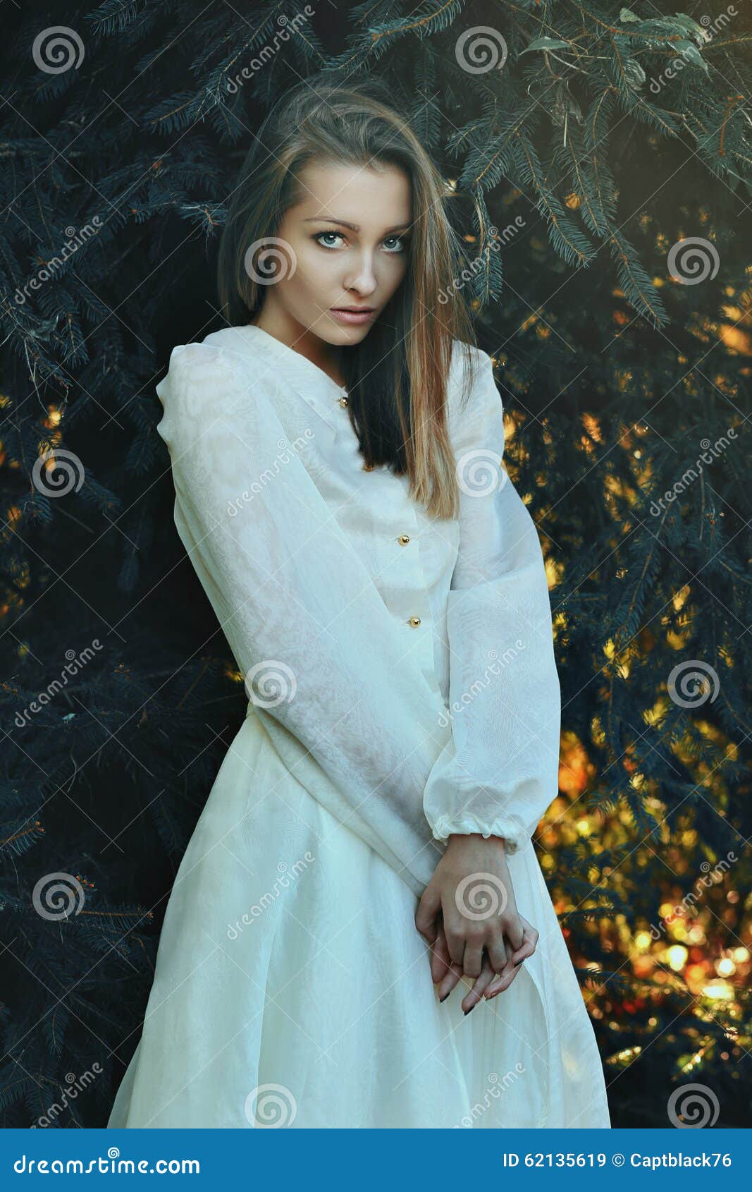 Woman Posing among Branches of Pines Stock Image - Image of melancholy ...