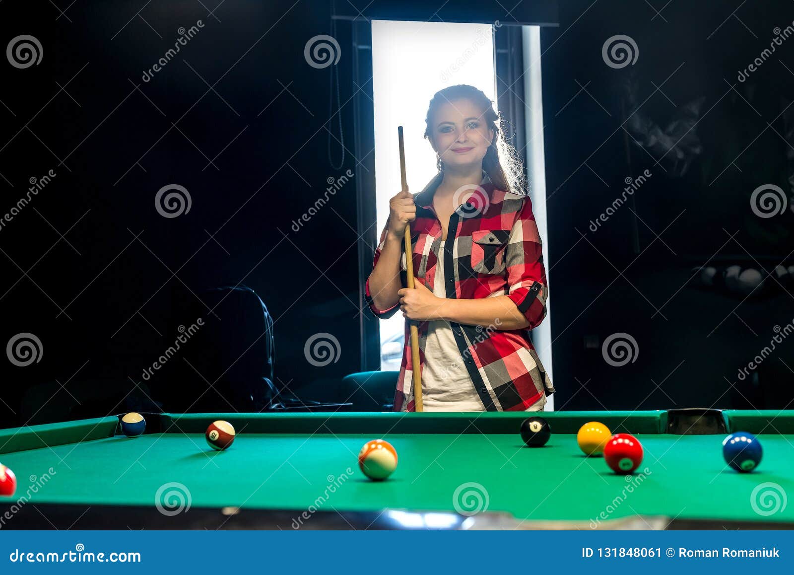 Woman Posing with Cue in Billiard Pub Stock Image - Image of ...