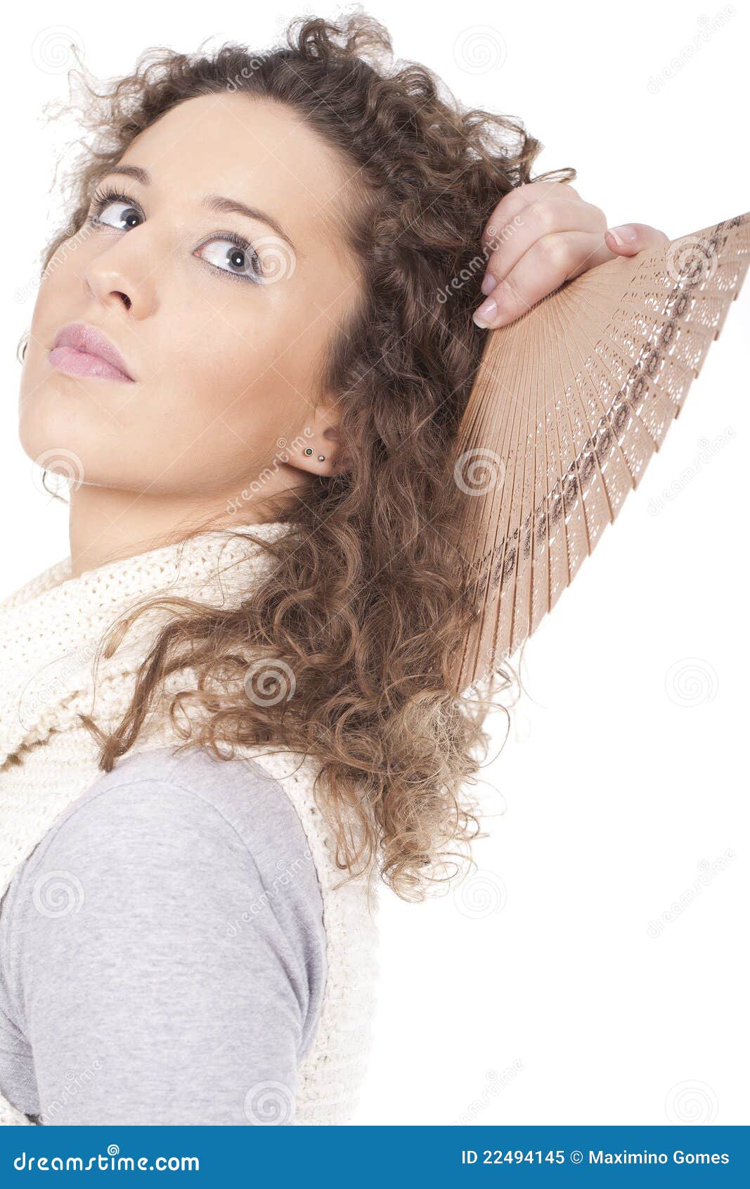 Woman Posing with a Fan on His Hand Stock Image - Image of curly ...