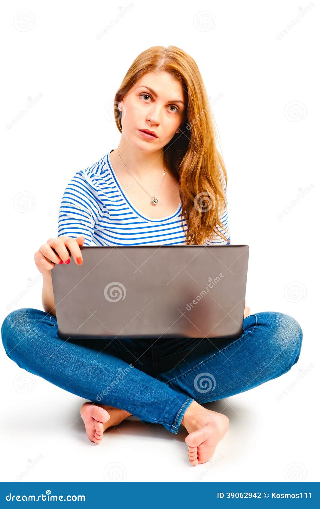 Woman posing with a laptop stock photo. Image of isolated - 39062942
