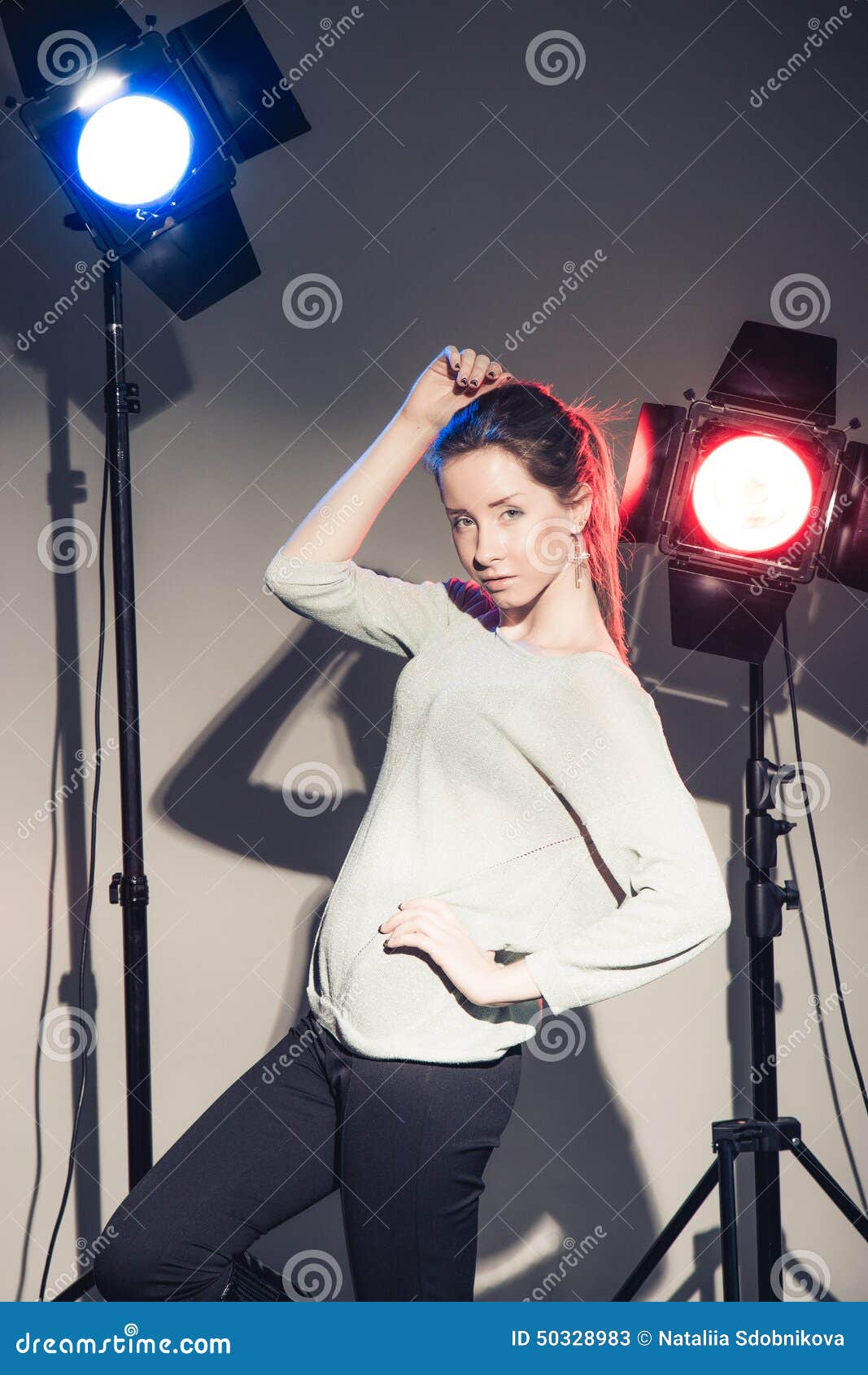 Woman Posing in Light Flashes Stock Image - Image of indoor, equipment ...