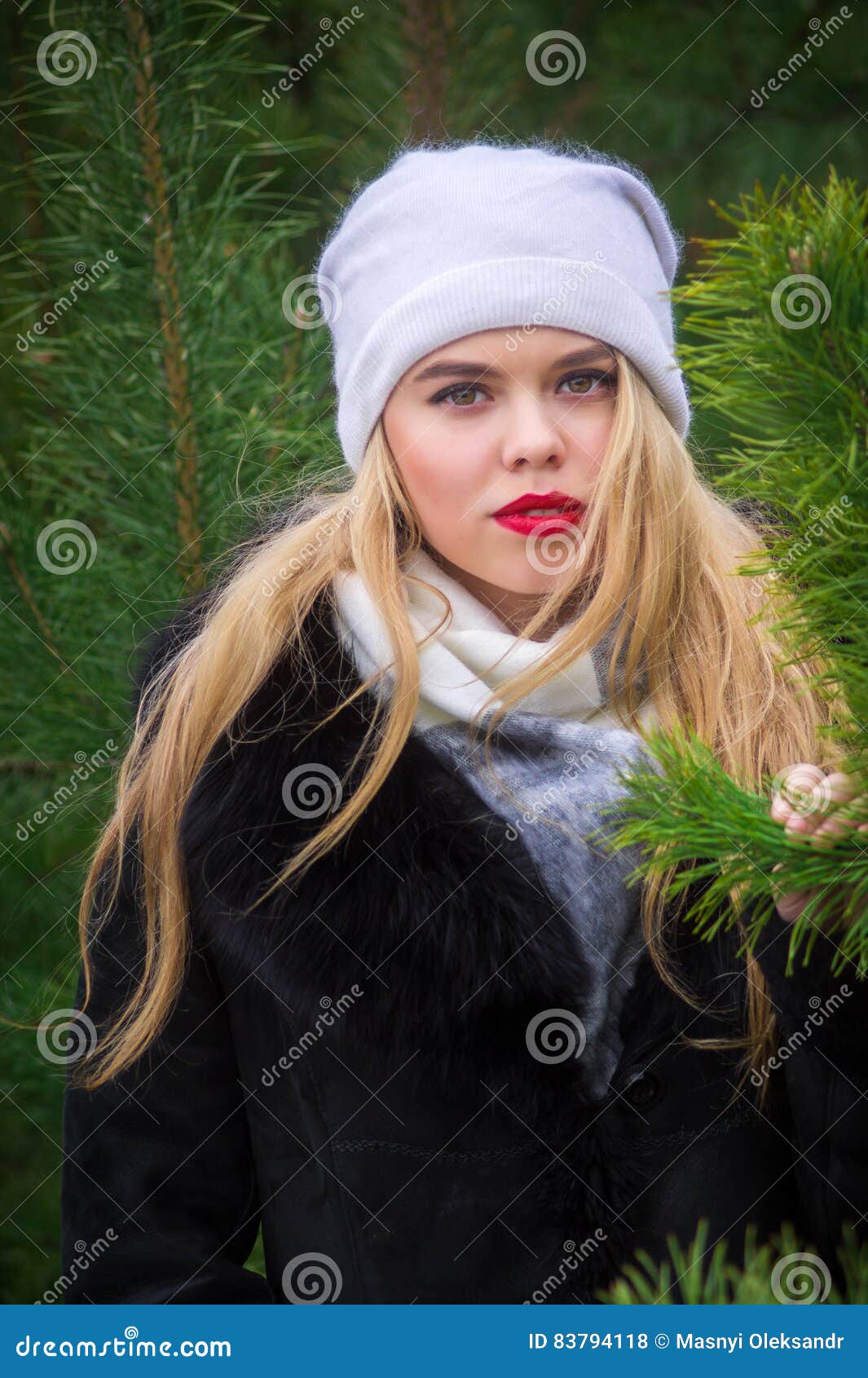 Woman posing in pines stock photo. Image of blond, frosty - 83794118