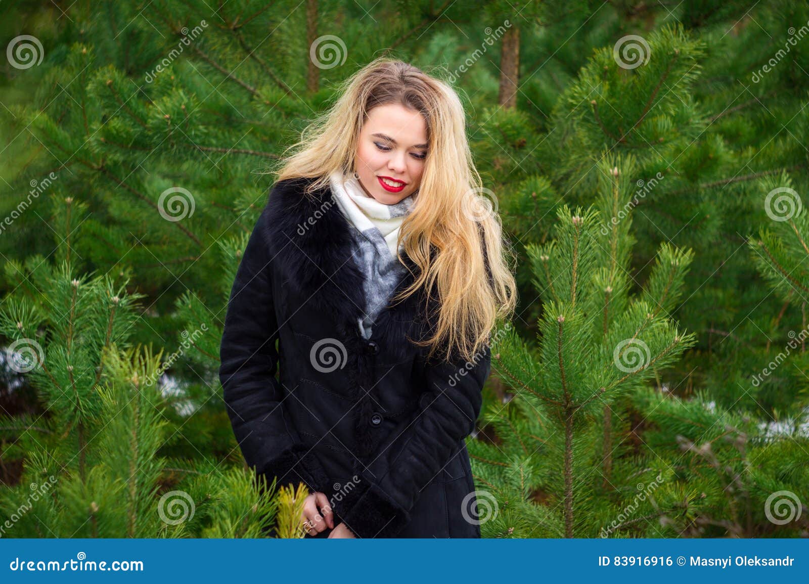 Woman posing in pines stock photo. Image of horizontal - 83916916