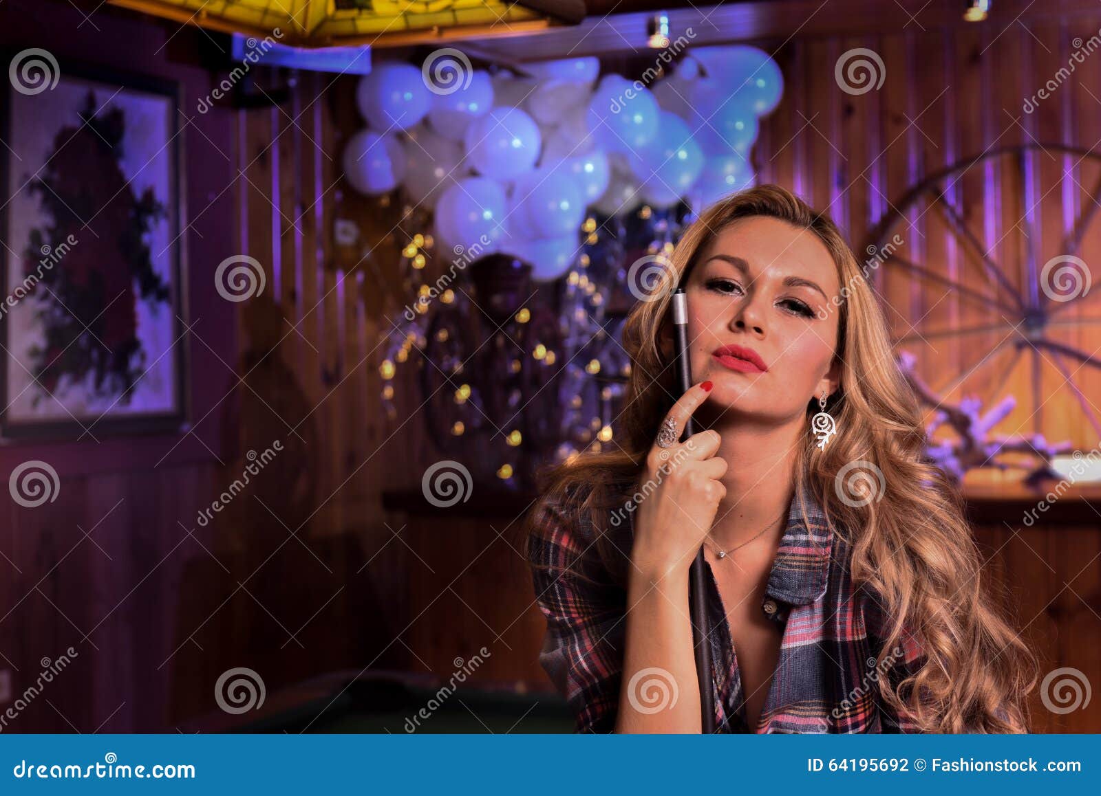 Woman Posing in Front of Billiard Pool Table. Stock Photo - Image of ...