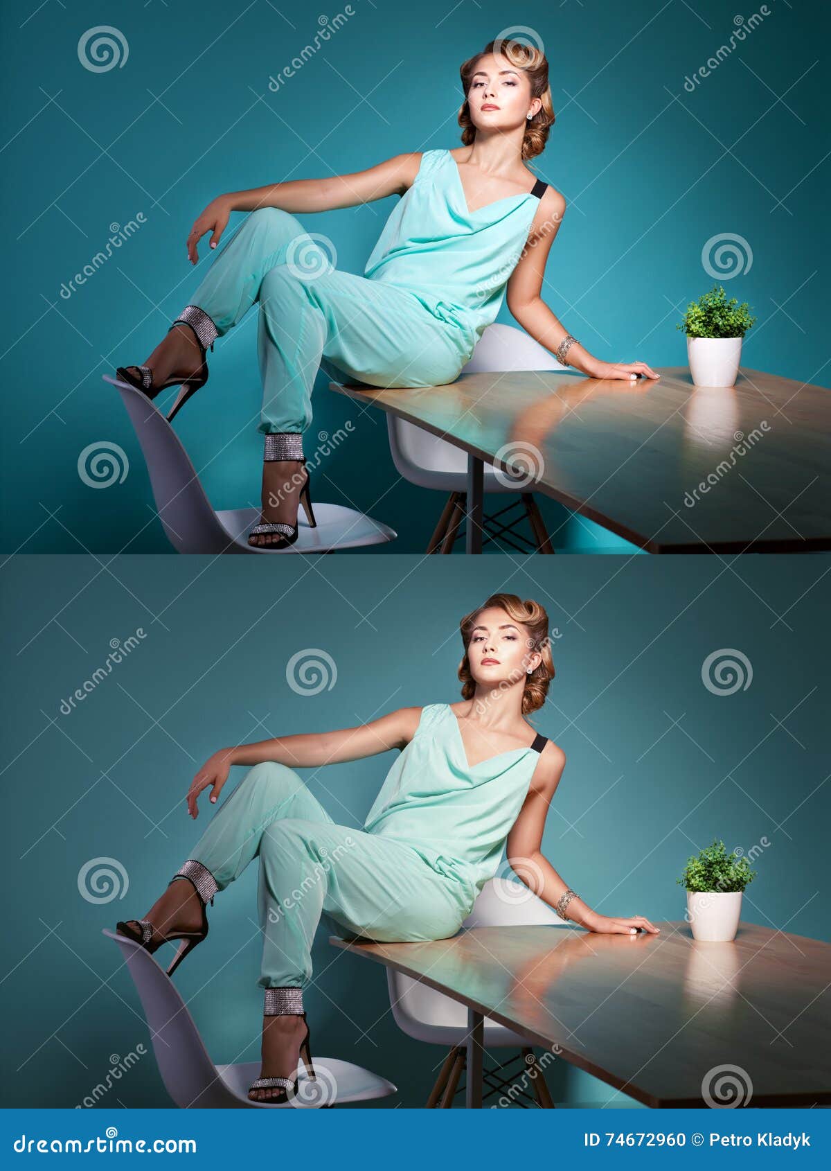 Woman posing on the table. stock photo. Image of heels - 74672960