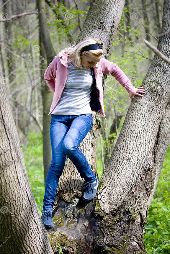 Woman posing on tree stump stock photo. Image of stump - 2487916