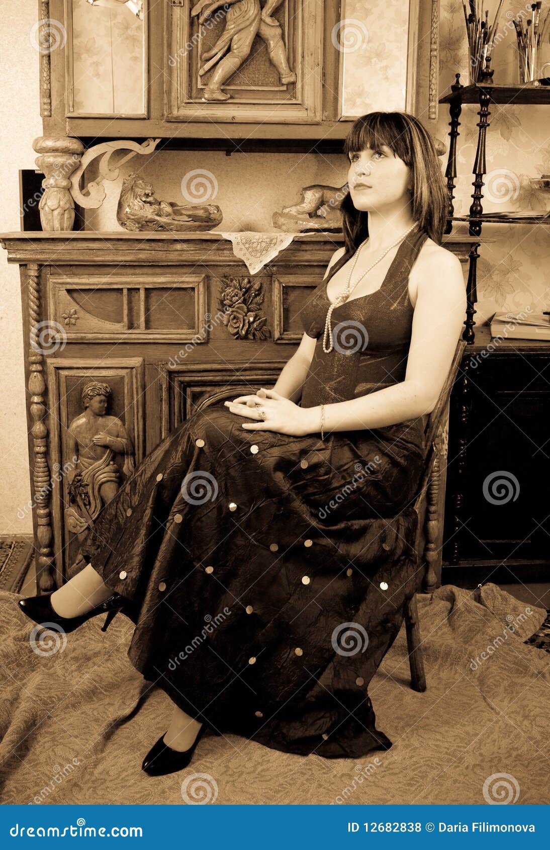 Woman Posing in Vintage Flat Stock Photo - Image of interior, dreaming ...