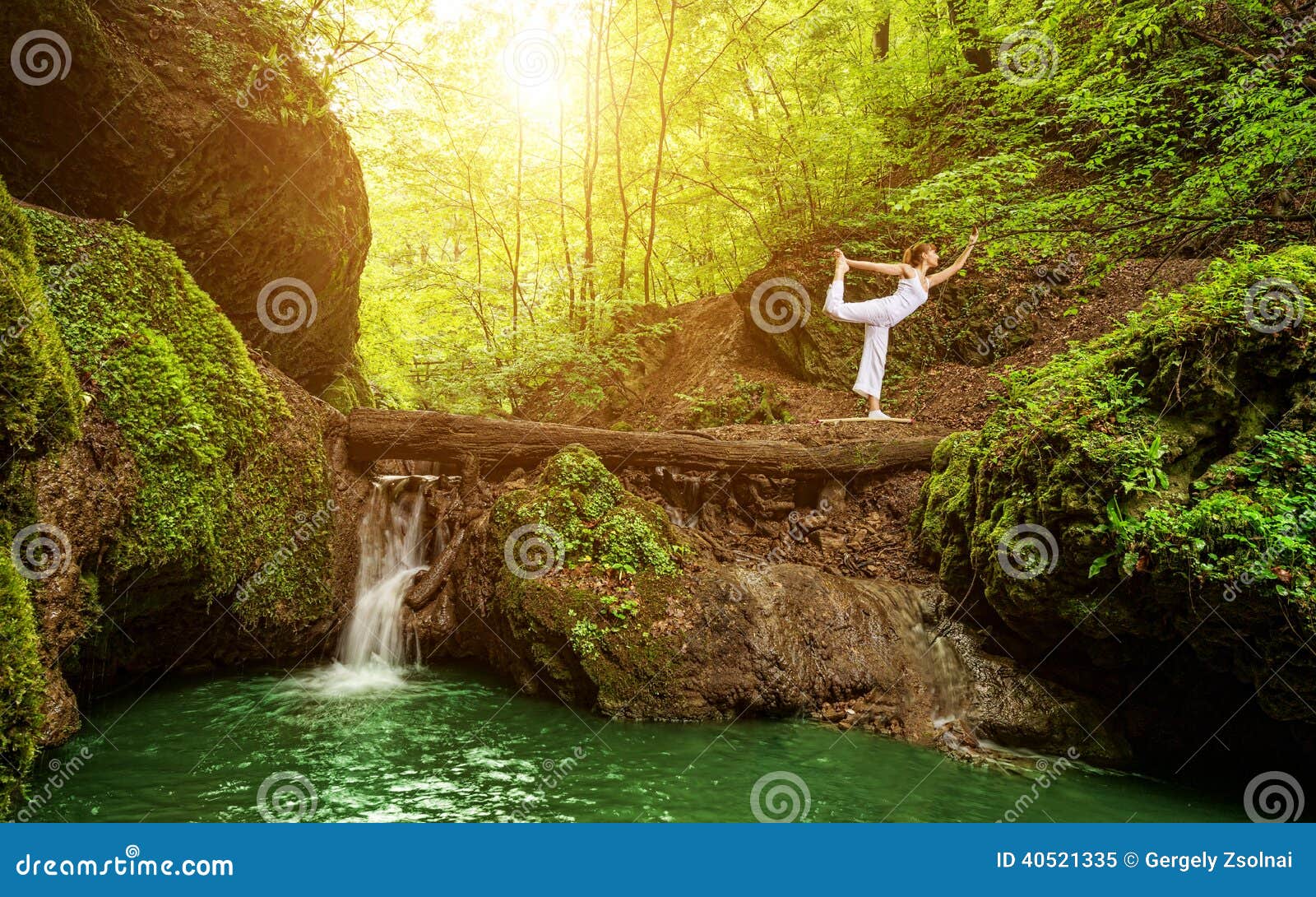 Woman Practices Yoga in Nature, the Waterfall Stock Image - Image of ...