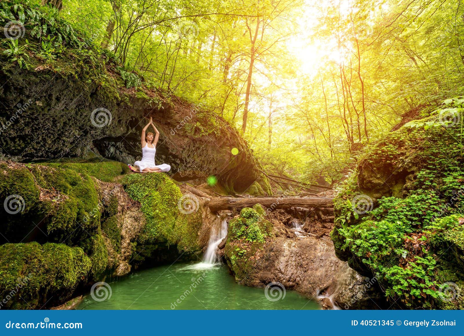Woman Practices Yoga at the Waterfall. Sukhasana Pose Stock Image ...