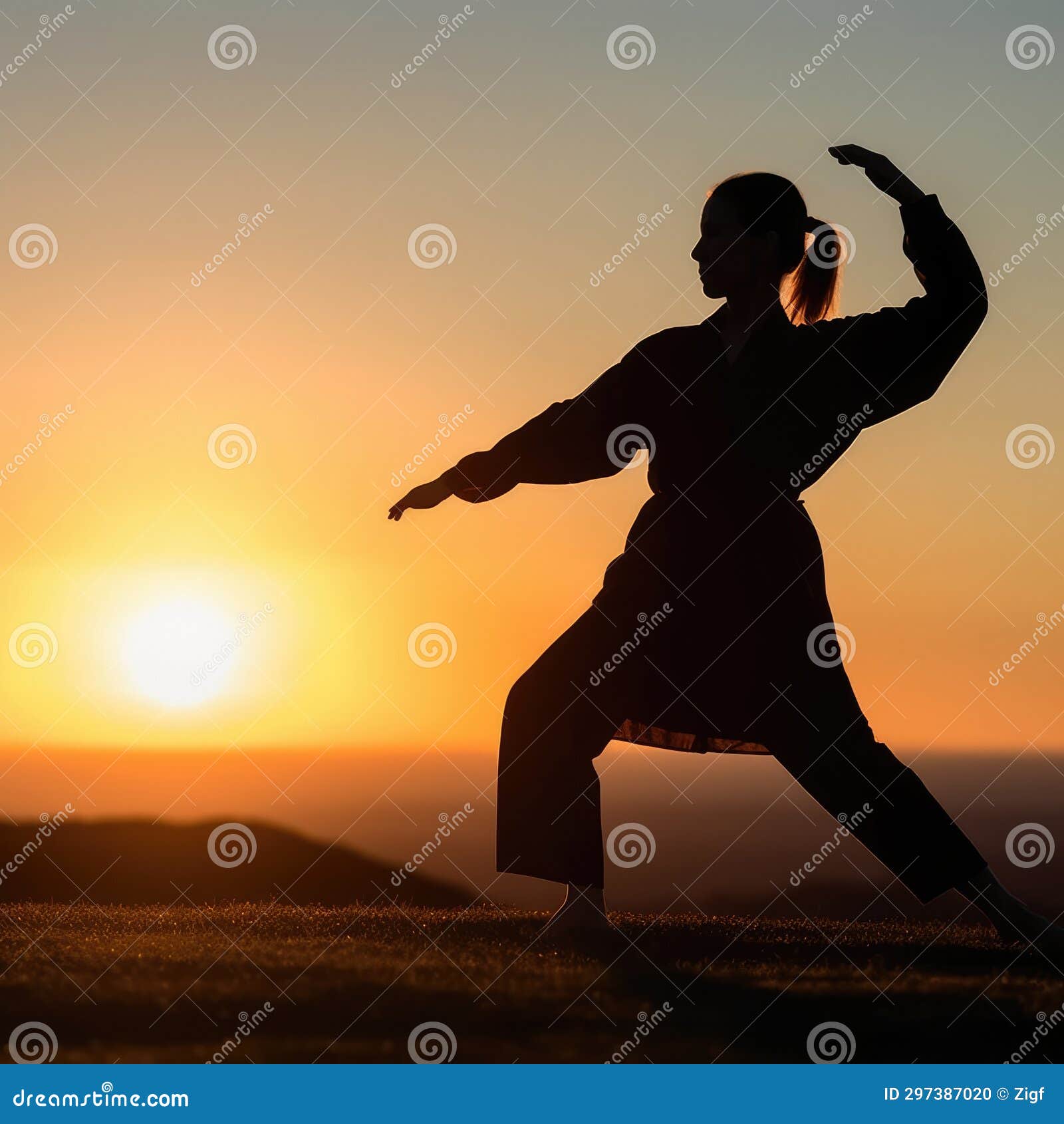 Woman Practicing Karate at Sunset Stock Illustration - Illustration of ...