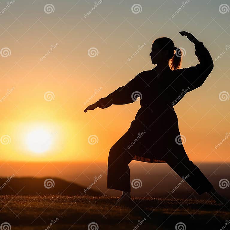 Woman Practicing Karate at Sunset Stock Illustration - Illustration of ...