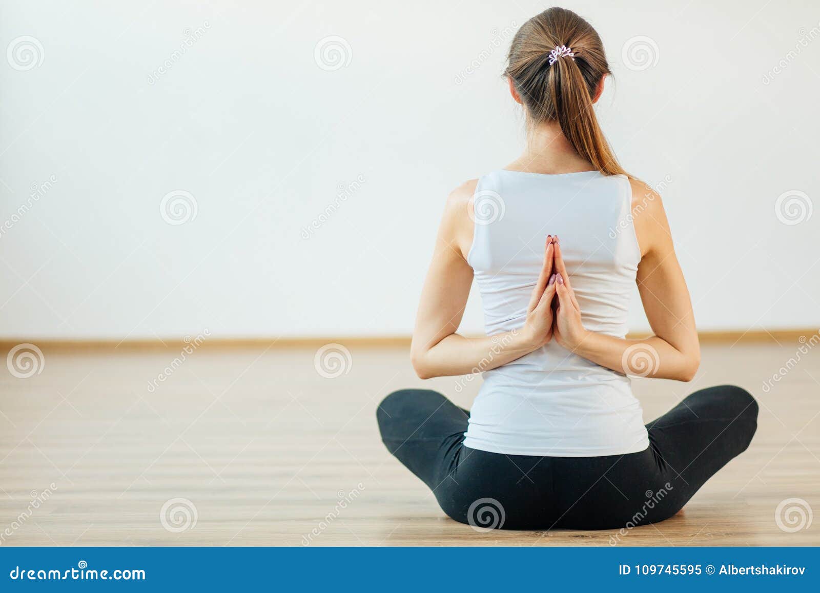 Woman Practicing Yoga With Namaste Behind Back Stock Image Image Of
