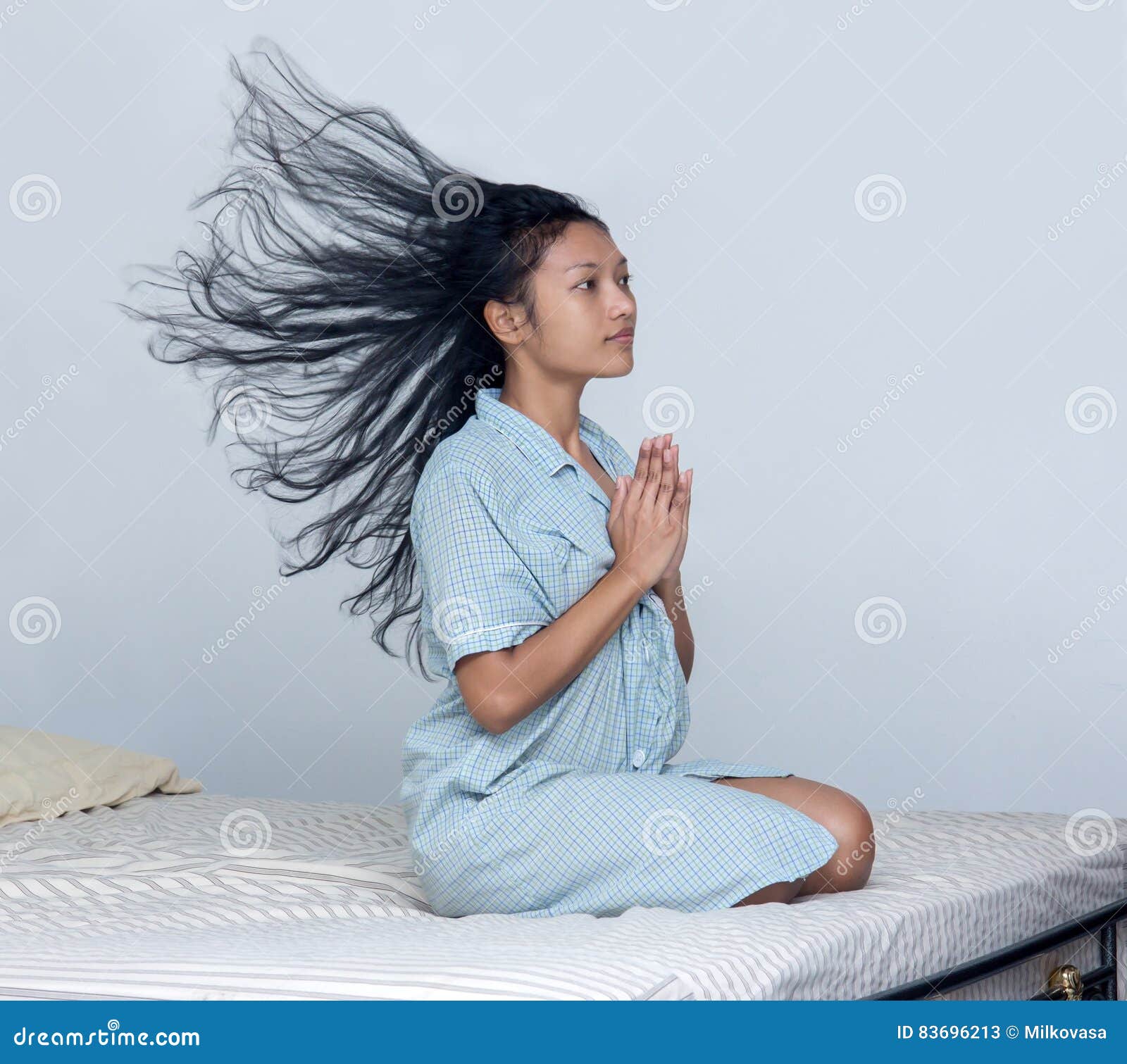 Woman praying in bed stock image. Image of lingerie, concentration ...