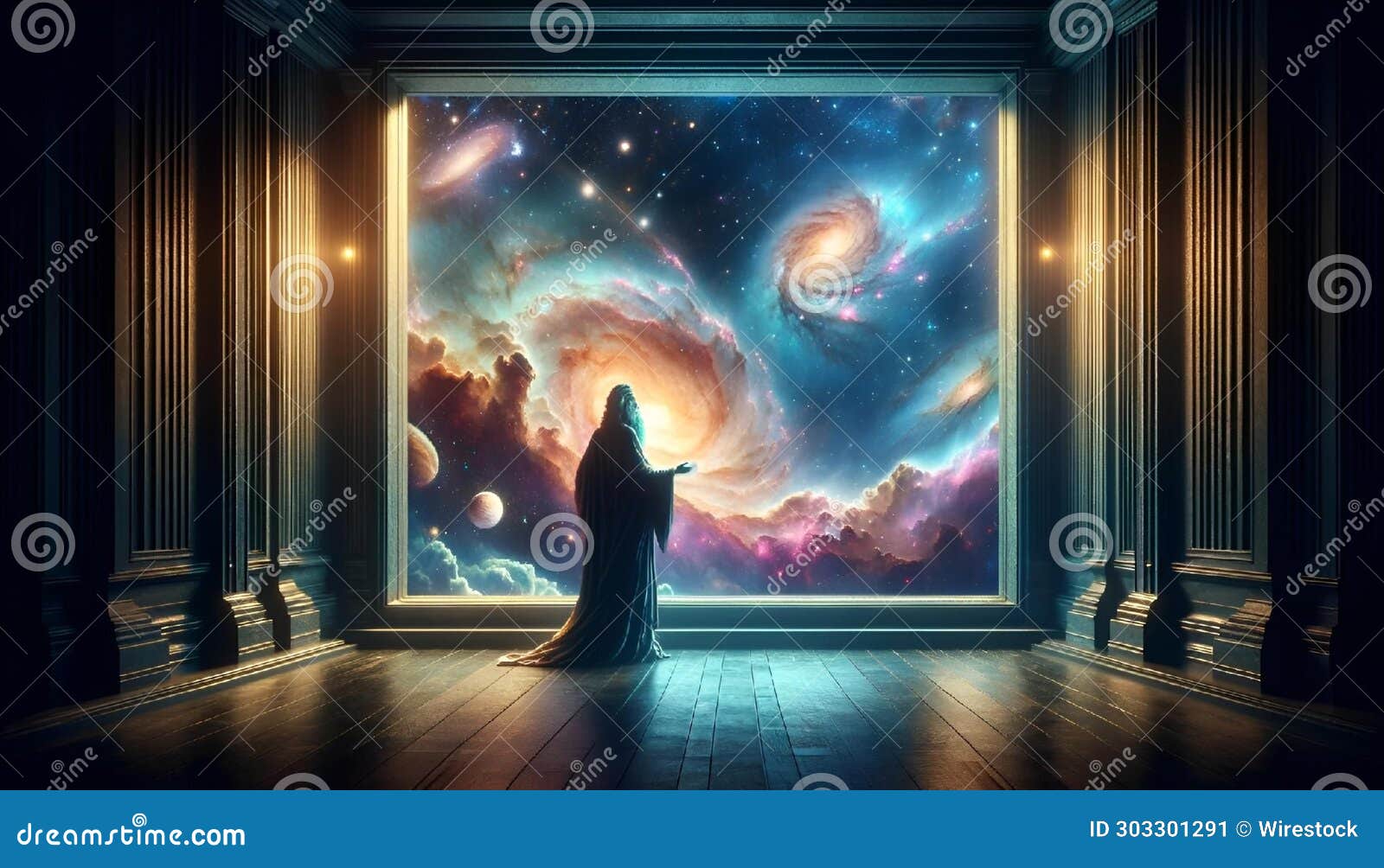 Woman Praying at Window Watching the Universe and Galaxy in Her Hands ...