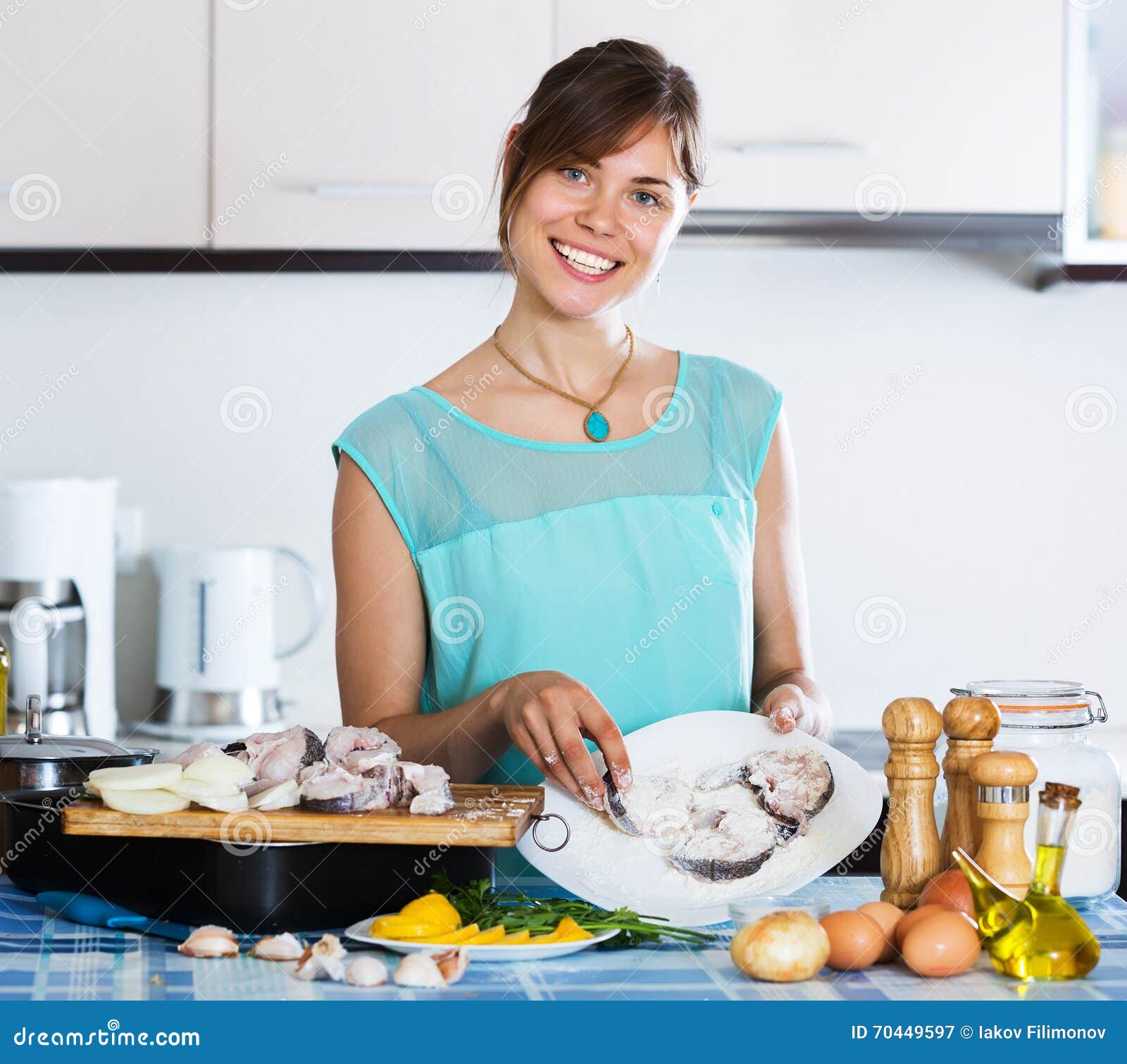 Woman Preparing Merluccid Hake Stock Image - Image of happiness ...