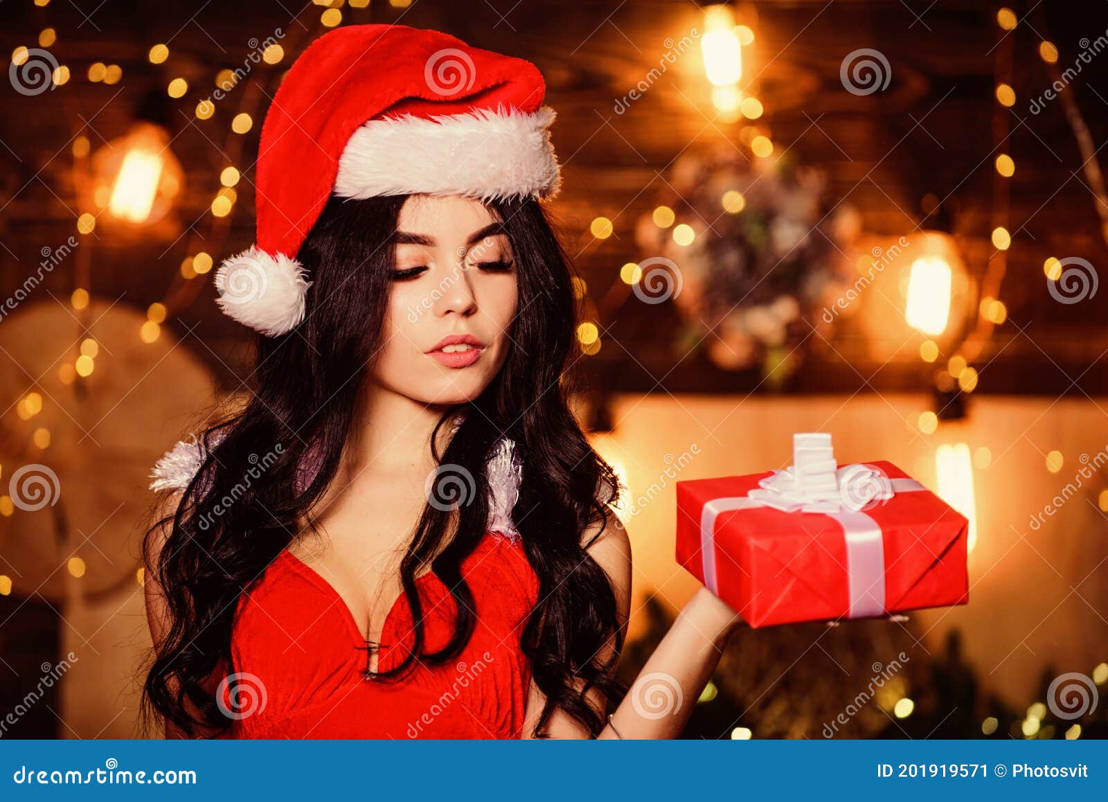 Woman With Present Box Happy New Year Merry Christmas Erotic
