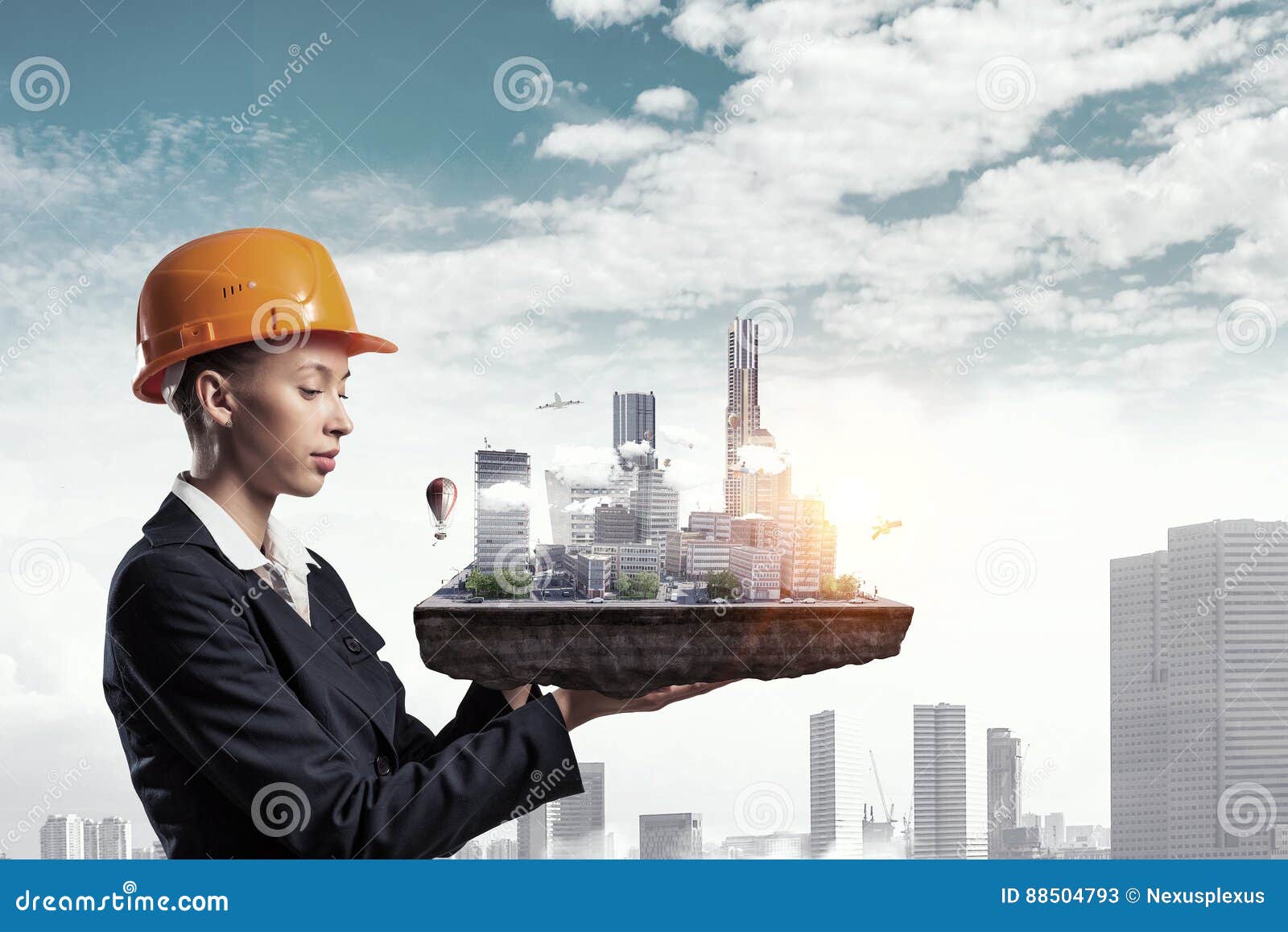 Woman Presenting Construction Model . Mixed Media Stock Image - Image ...