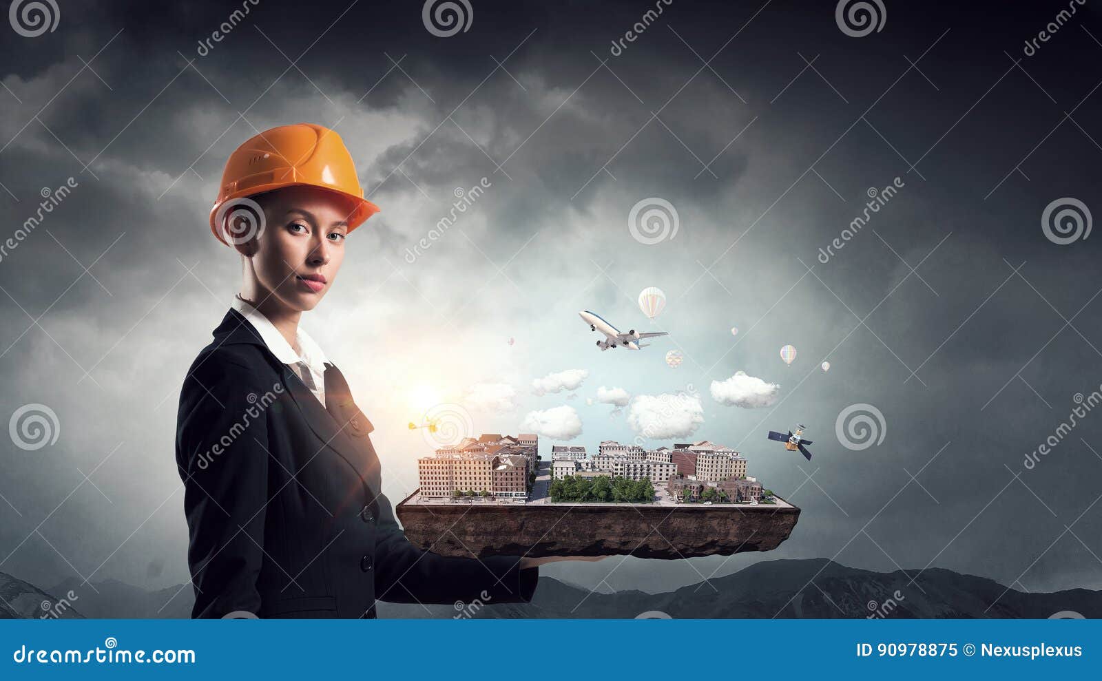 Woman Presenting Construction Model . Mixed Media Stock Image - Image ...