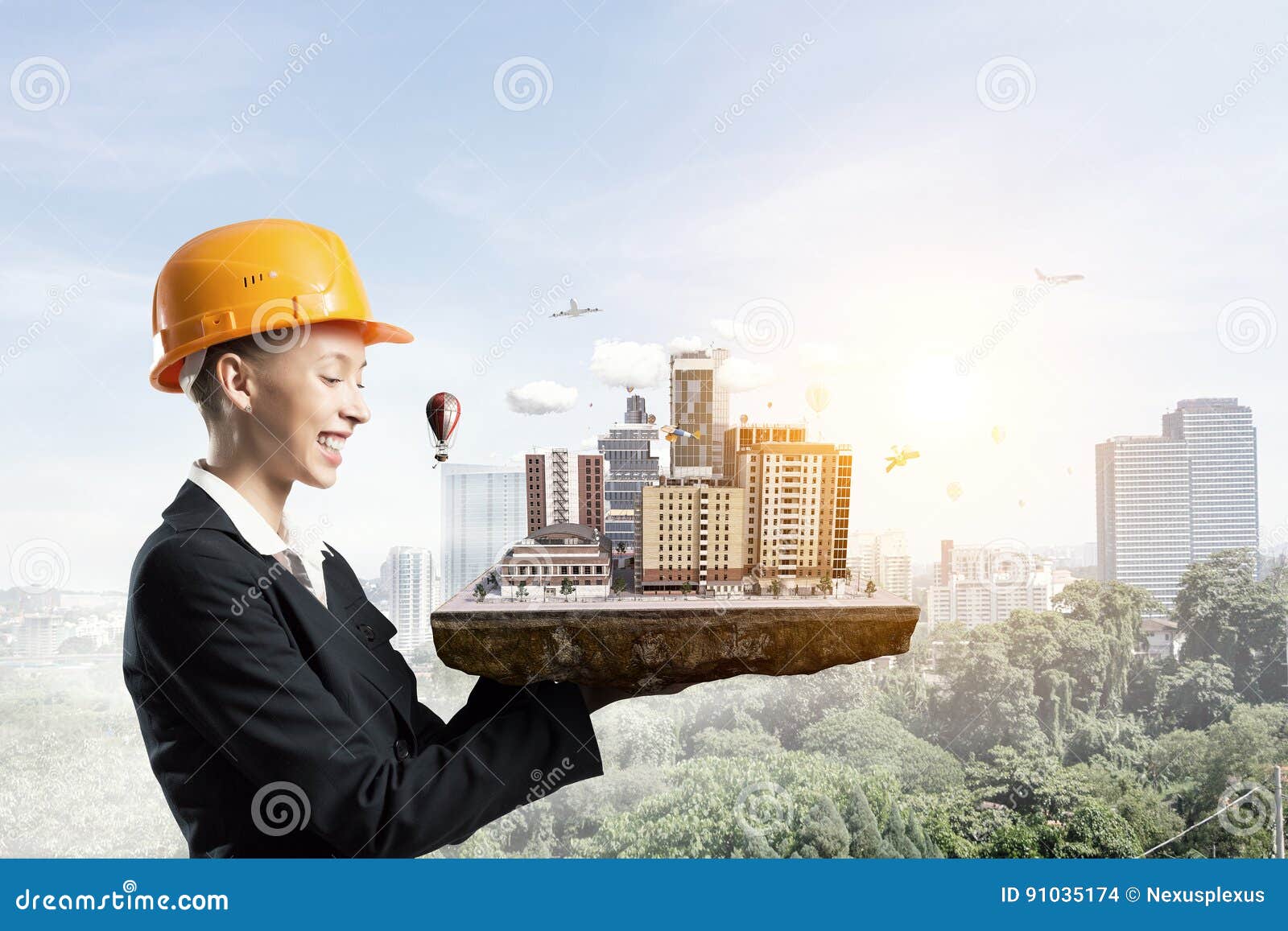 Woman Presenting Construction Model . Mixed Media Stock Photo - Image ...