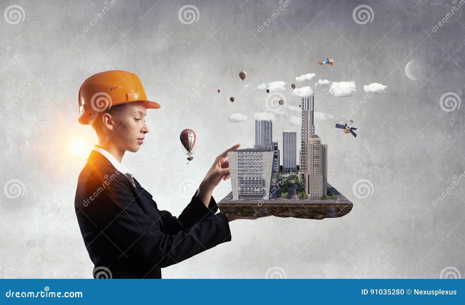 Woman Presenting Construction Model . Mixed Media Stock Photo - Image ...
