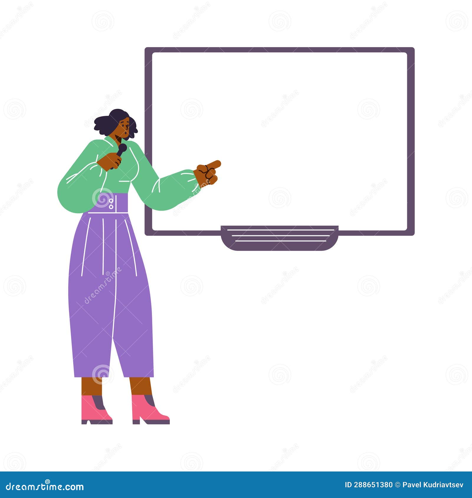 Woman Presenting and Explaining in Microphone and Pointing on White ...