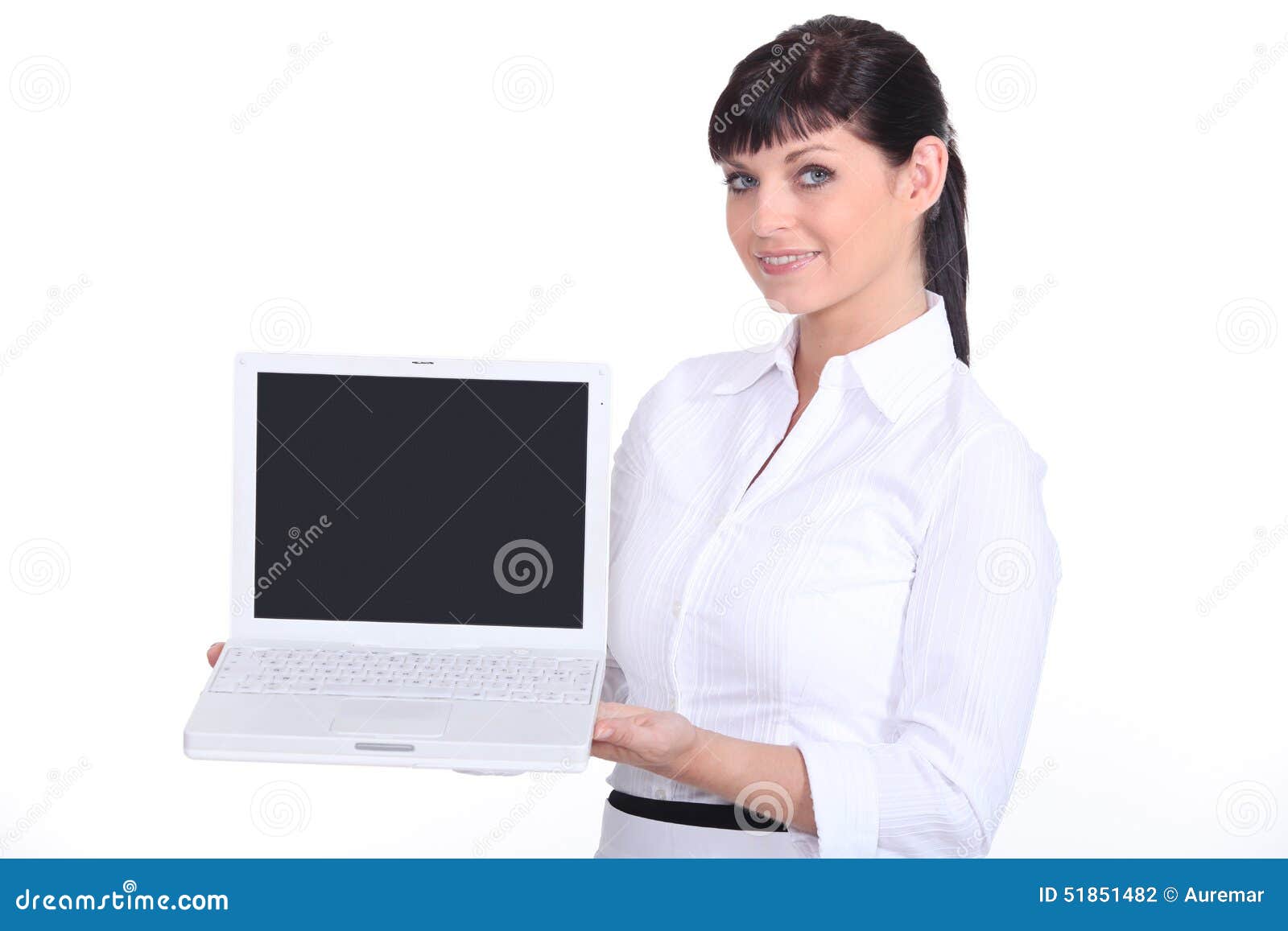 Woman presenting a laptop stock photo. Image of person - 51851482