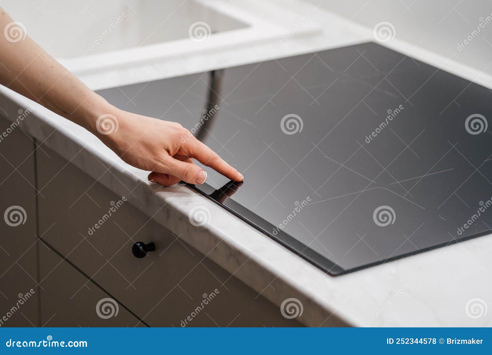Woman Press Button on Control Panel at Modern Induction Stove Stock ...