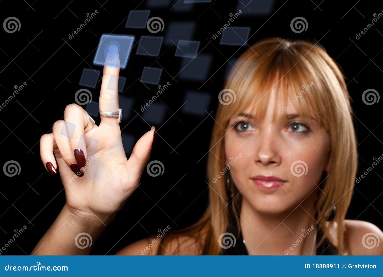 Woman pressing button stock image. Image of isolated - 18808911