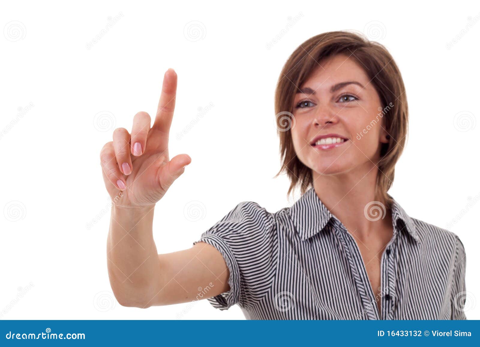 Woman Pressing Simple Play Button On A Virtual Background Stock Photo ...