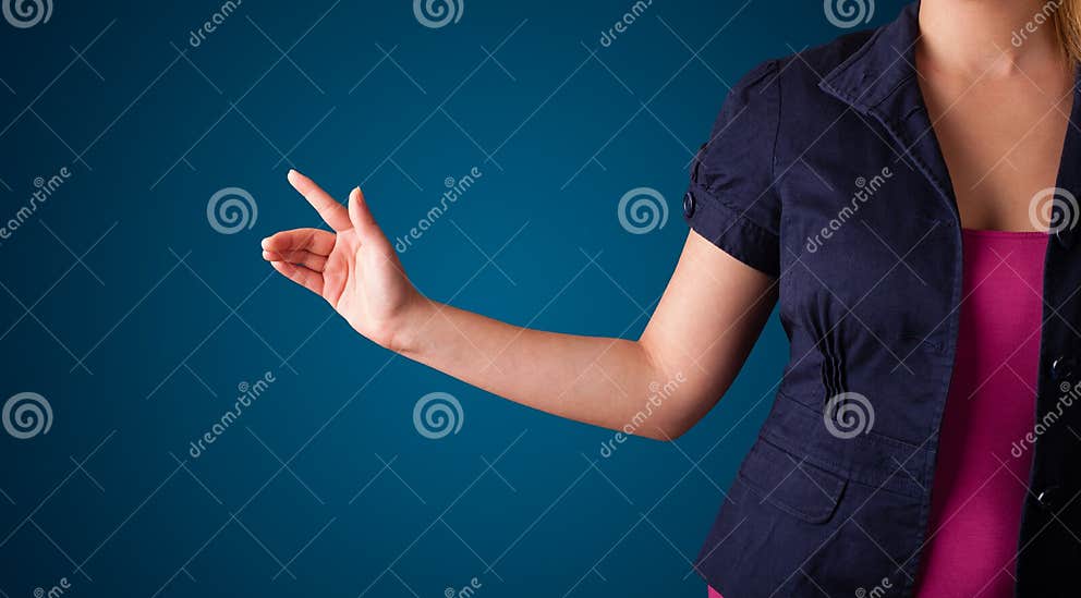 Woman Pressing Imaginary Button Stock Image - Image of casual, push ...